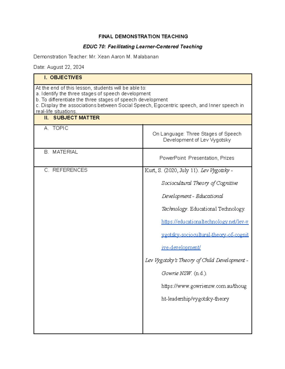 Final Demonstration Teaching Lesson PLAN X - FINAL DEMONSTRATION ...