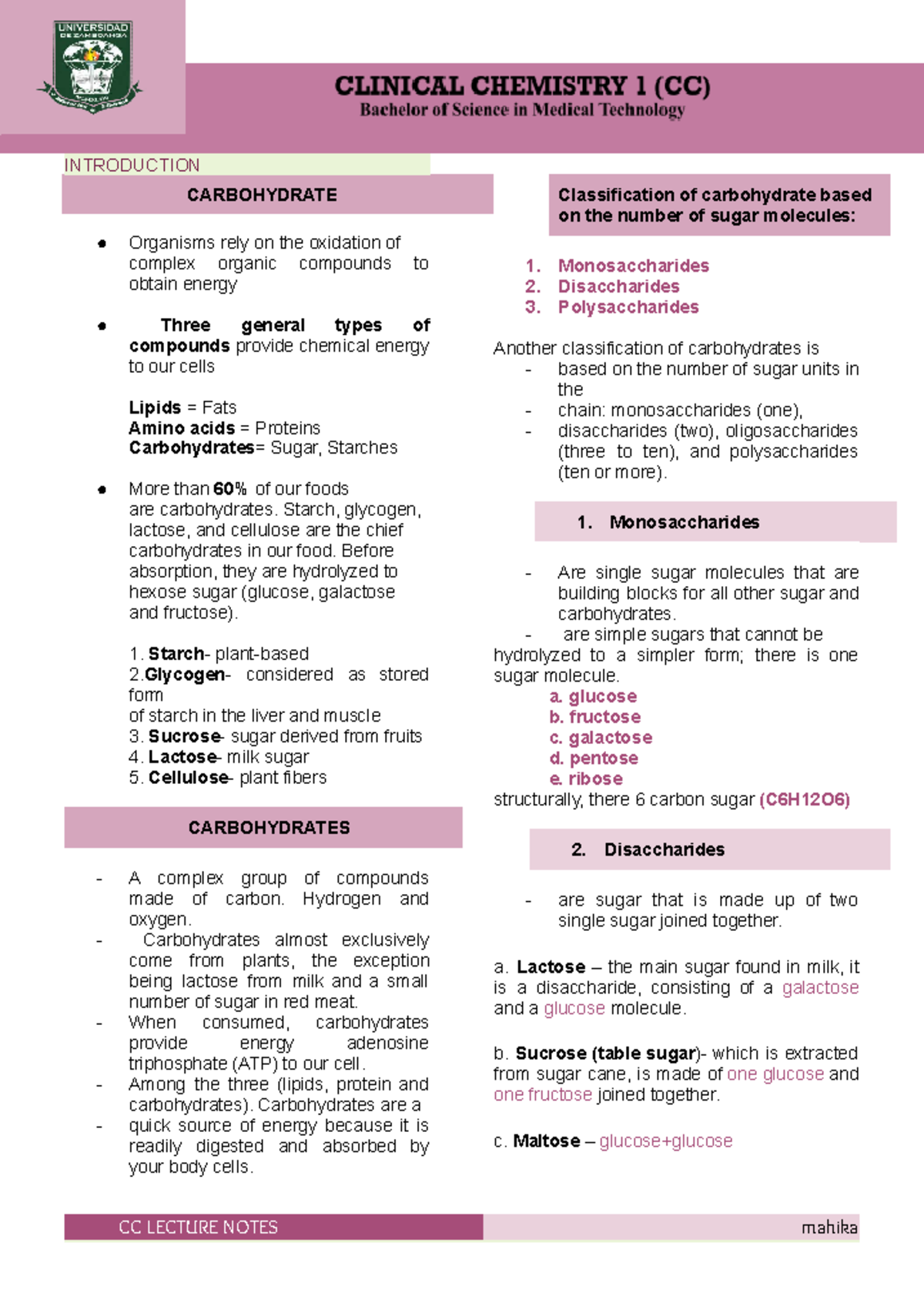 CC LECT Trans 1- Carbohydrates - INTRODUCTION Organisms rely on the ...