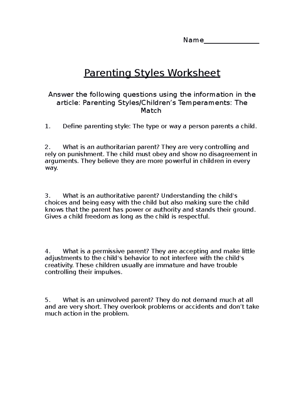 Parenting Styles Worksheet - Understanding Child Development Concepts ...