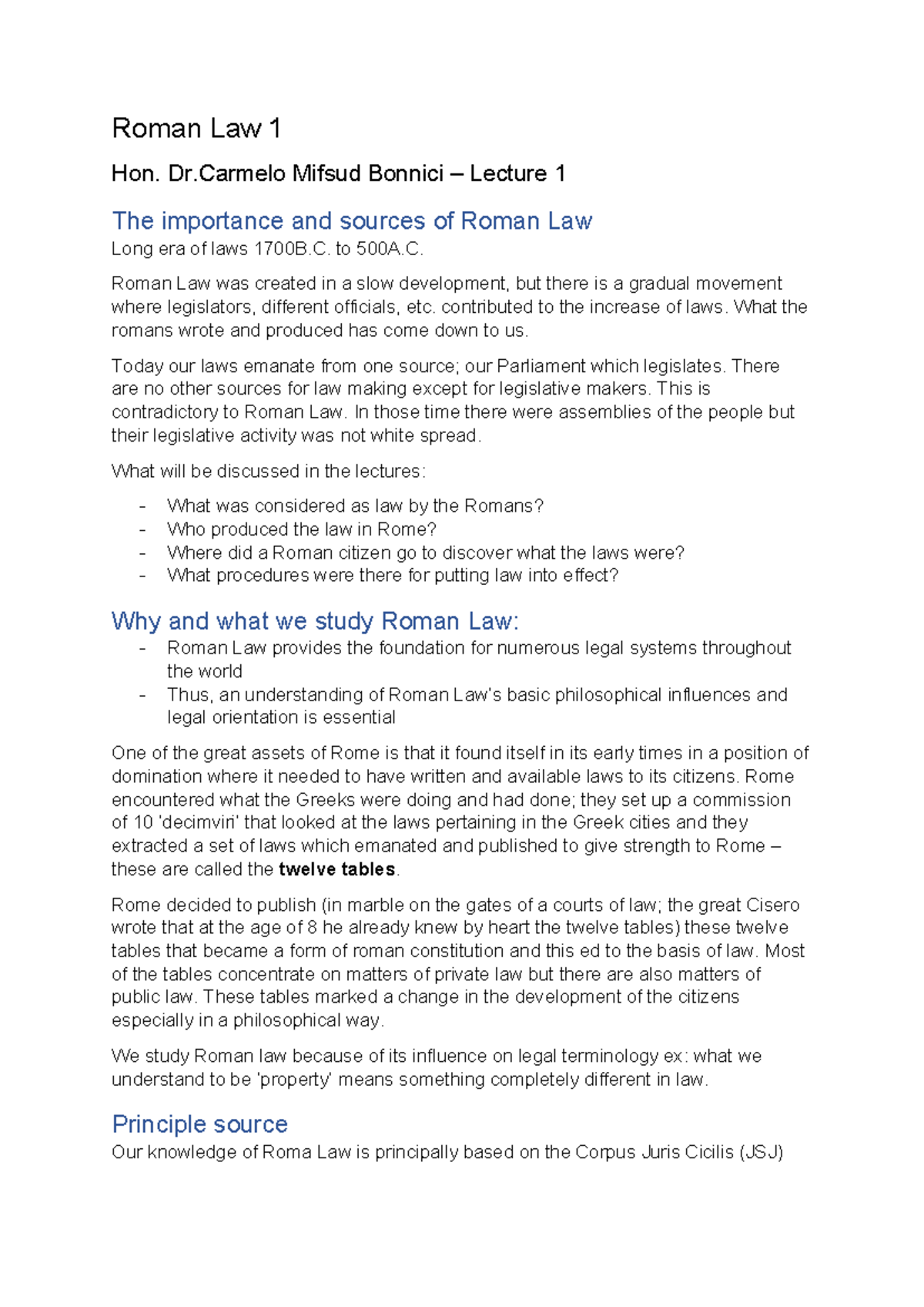 A Study of Roman Law and Its Institutions - RL 101 Lecture Notes ...