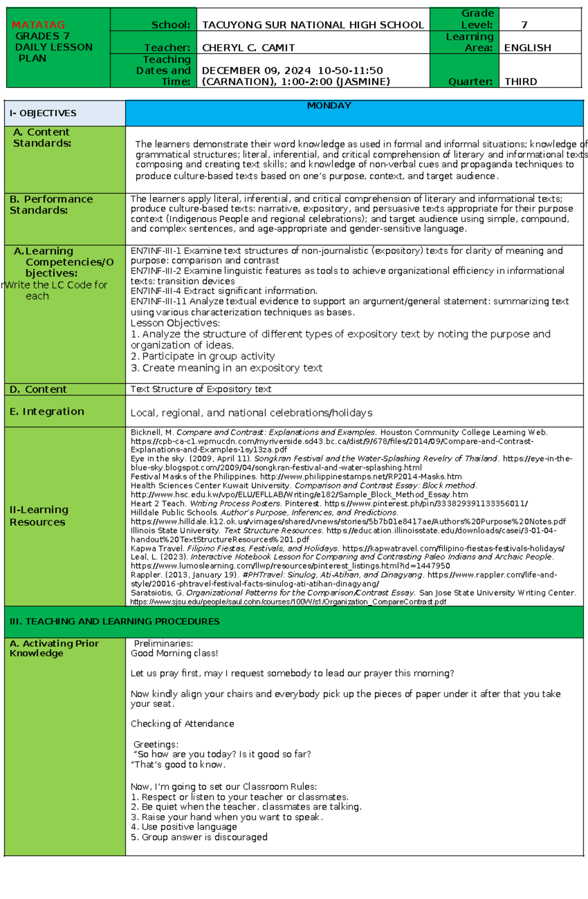 English 7 DLP: Weekly Lesson Plans and Expository Text Structures - Studocu