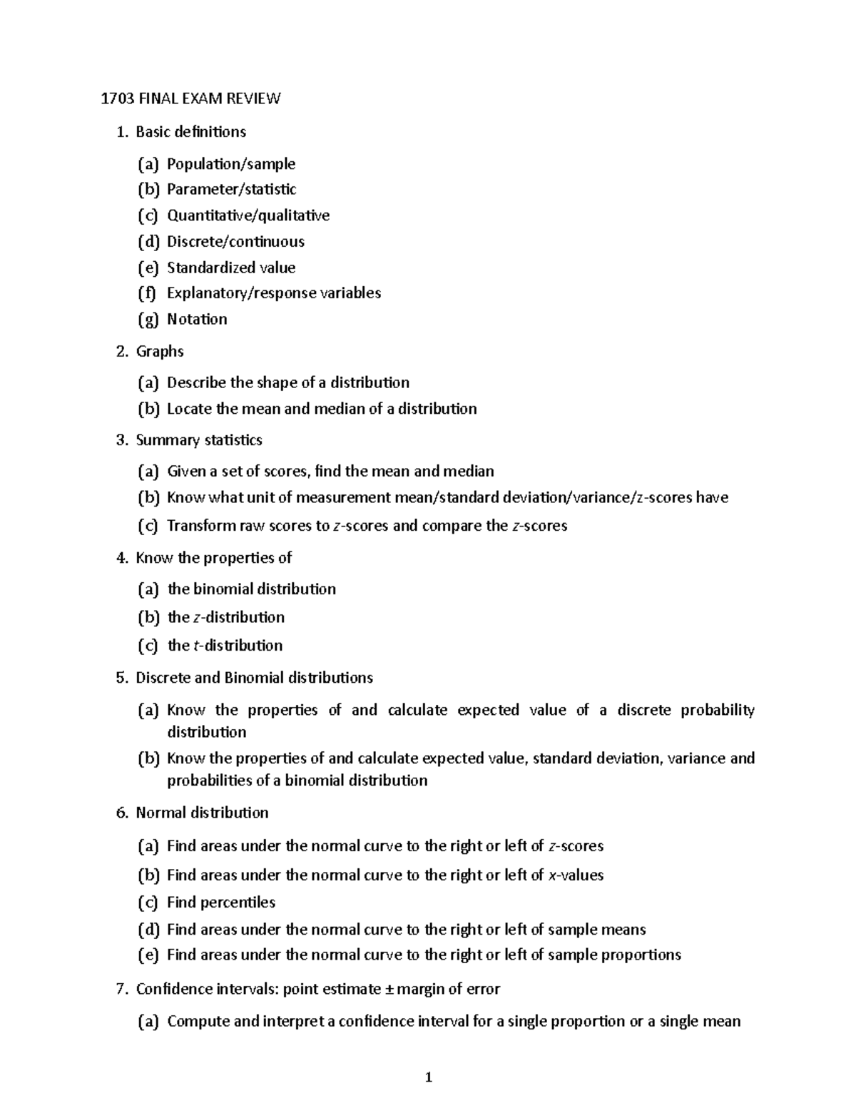 1703 FINAL EXAM REVIEW: Concepts in Statistics and Hypothesis Testing ...