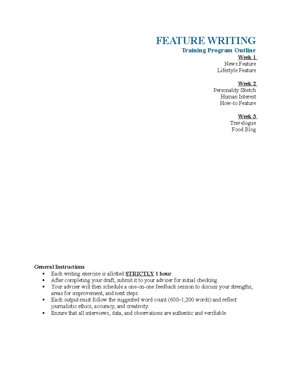 Training Program Outline: Feature Writing (Week 1-3) - Studocu
