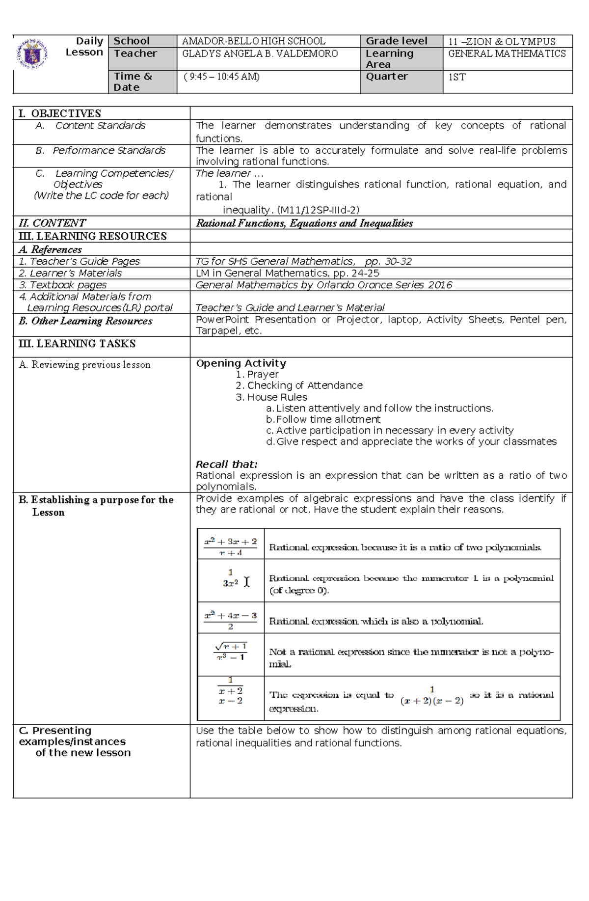 General Mathematics Lesson Plan (Grade 11: Rational Functions) - Studocu