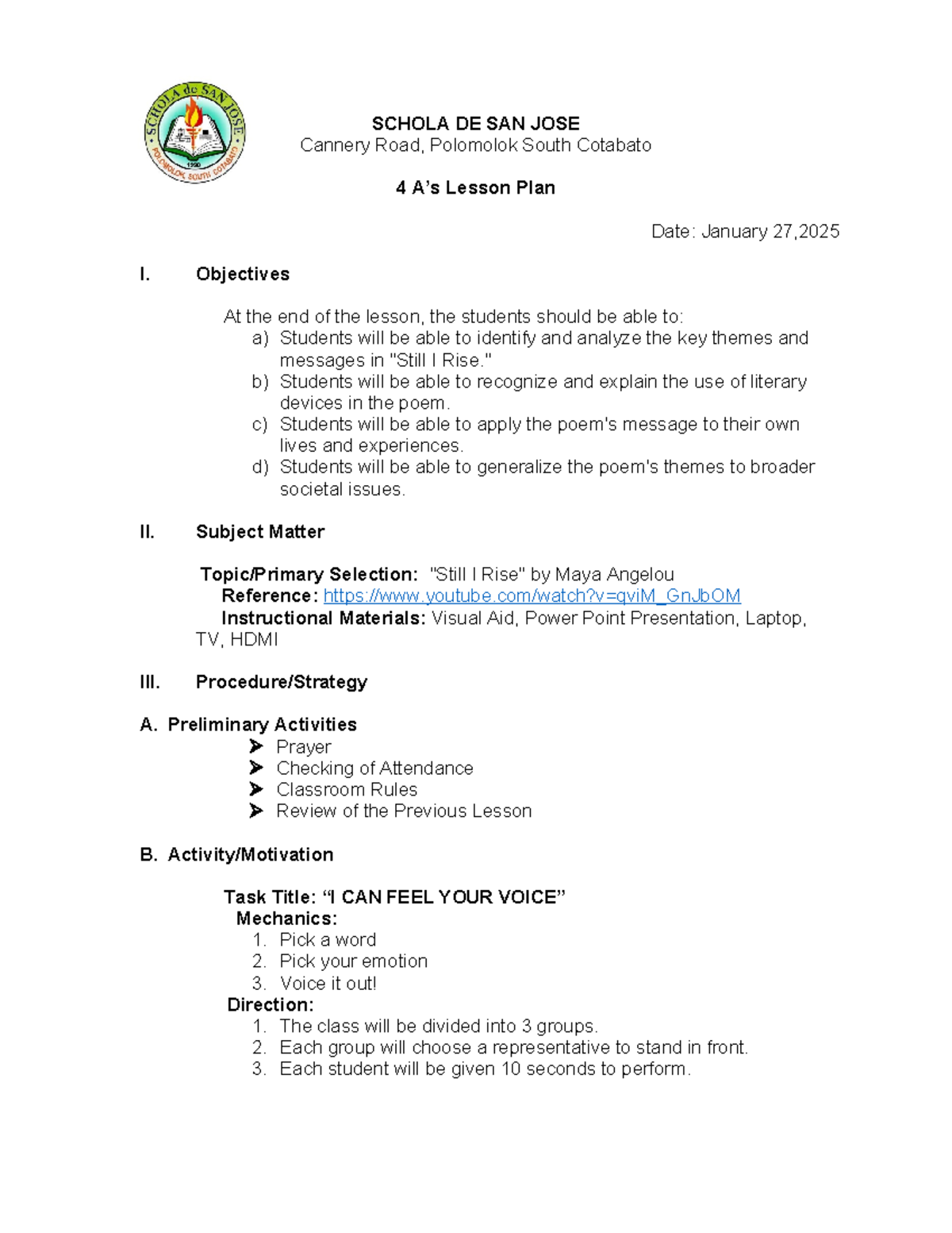 4As Lesson Plan Still I Rise By:Maya Angelou - SCHOLA DE SAN JOSE ...