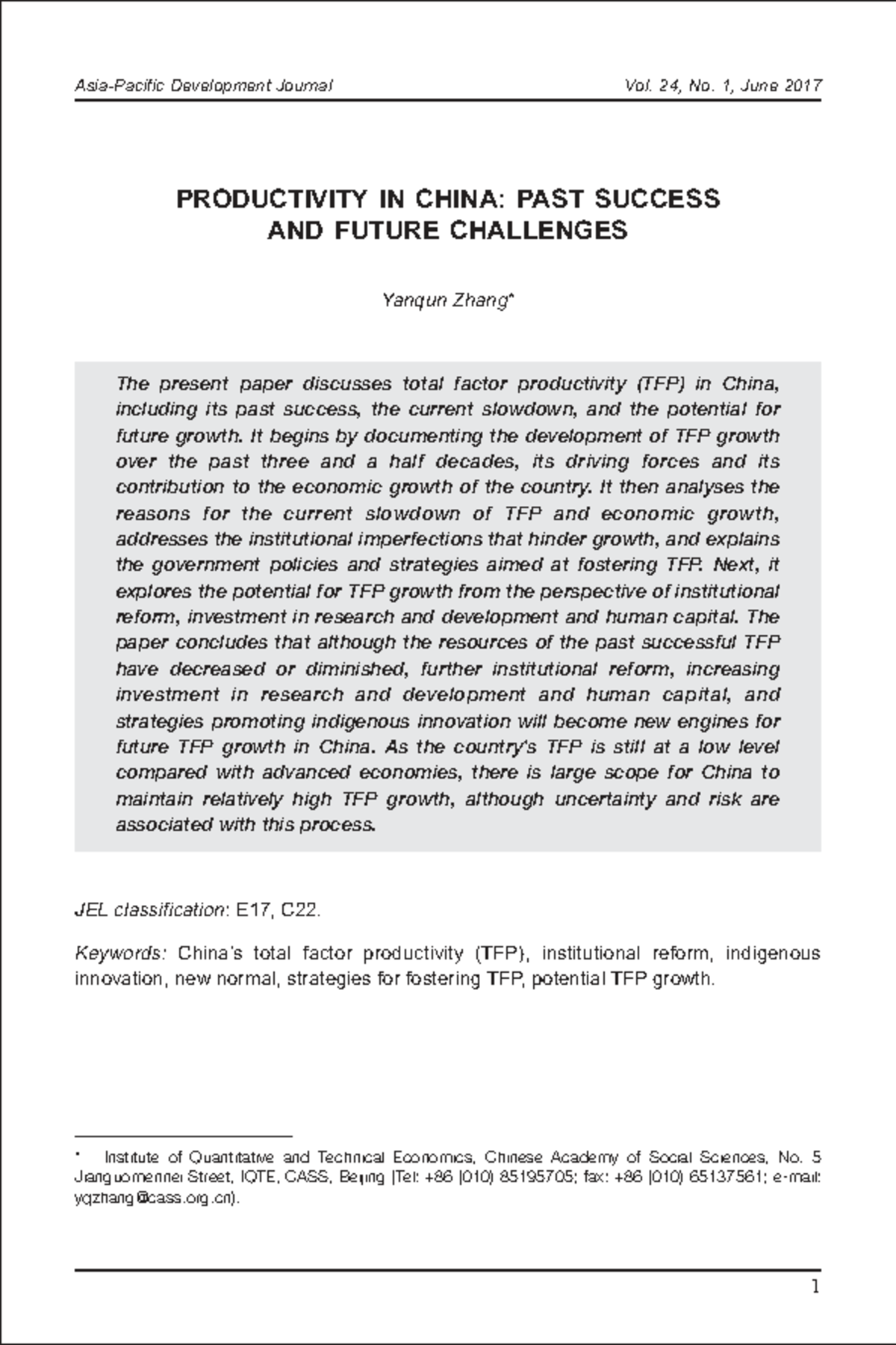 Productivity in China: TFP Growth, Challenges & Future Prospects - Studocu