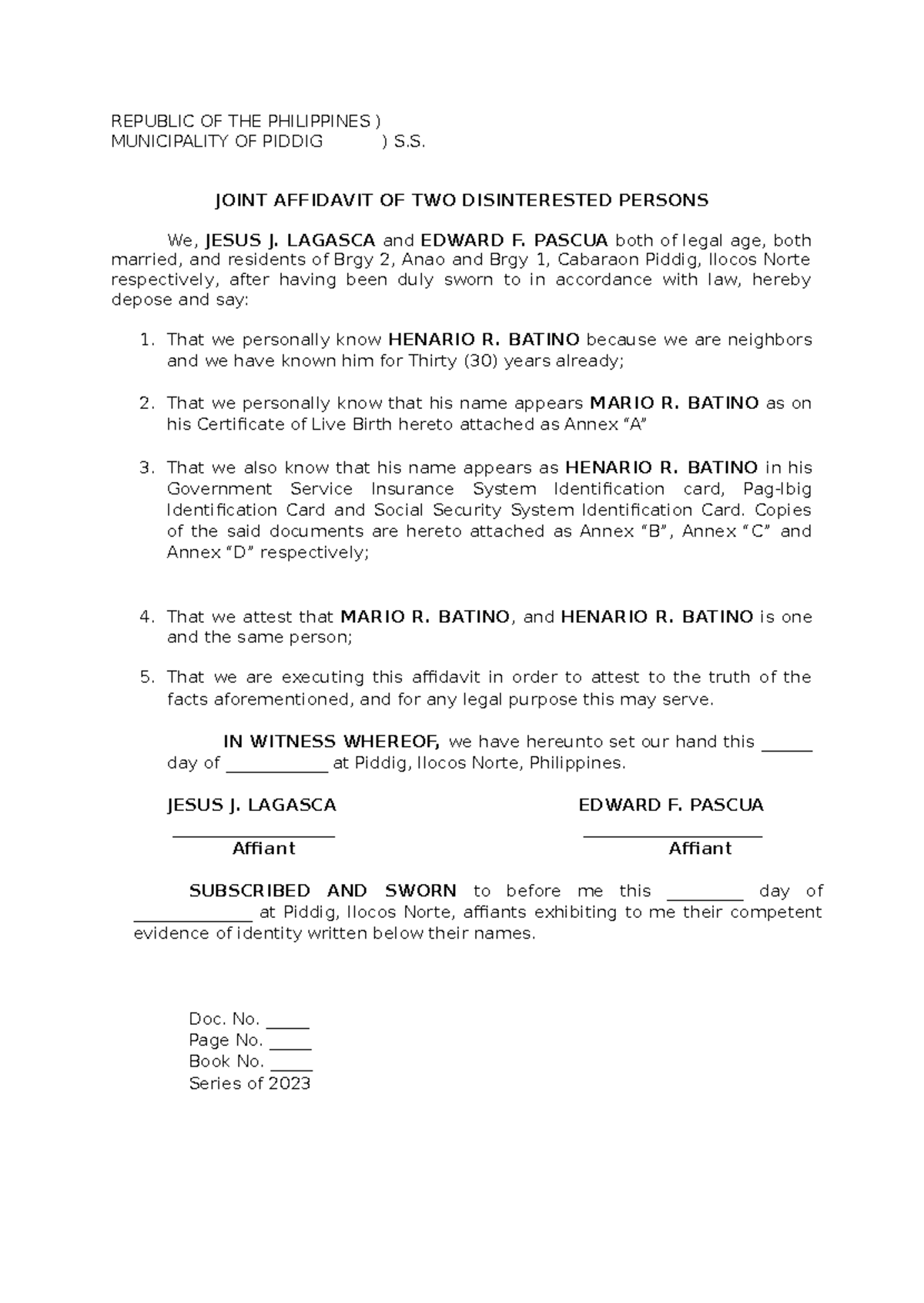 Joint Affidavit of Two Disinterested Persons - Philippines 2023 - Studocu