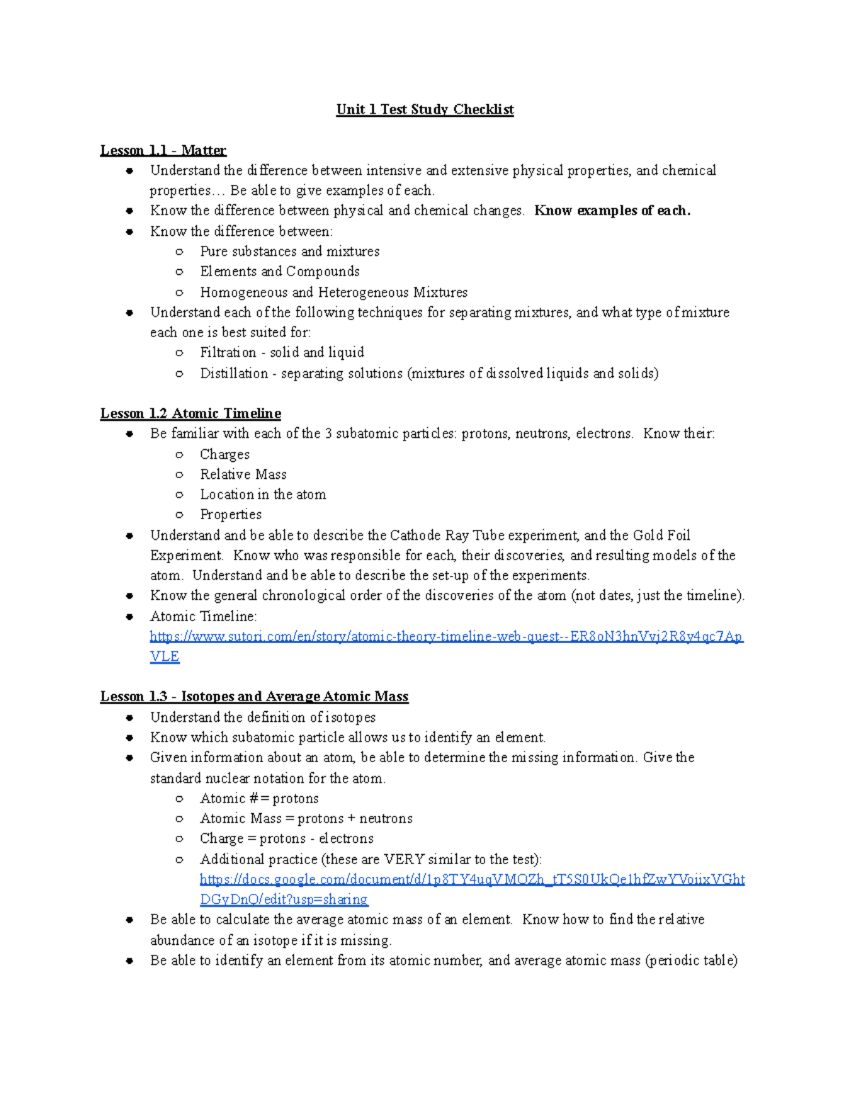 Unit 1 Chemistry Study Guide: Matter & Atomic Structure - Studocu