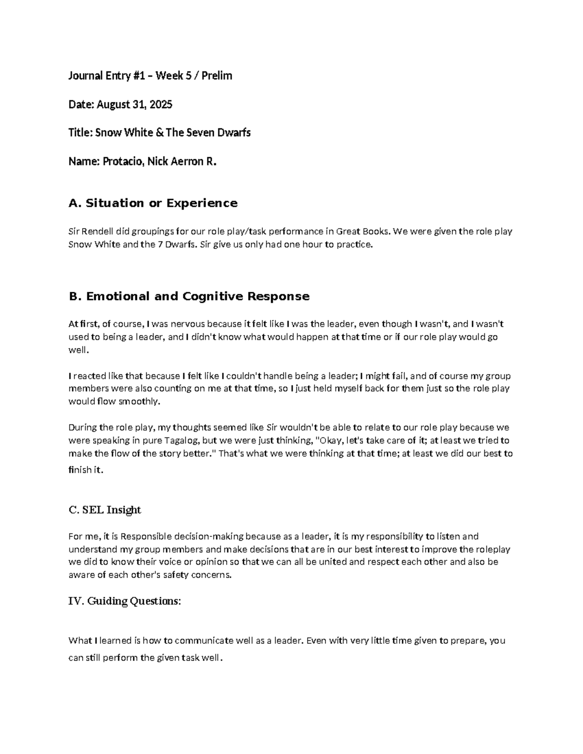 Journal Entry Week 5: Reflections on Snow White Role Play - Studocu