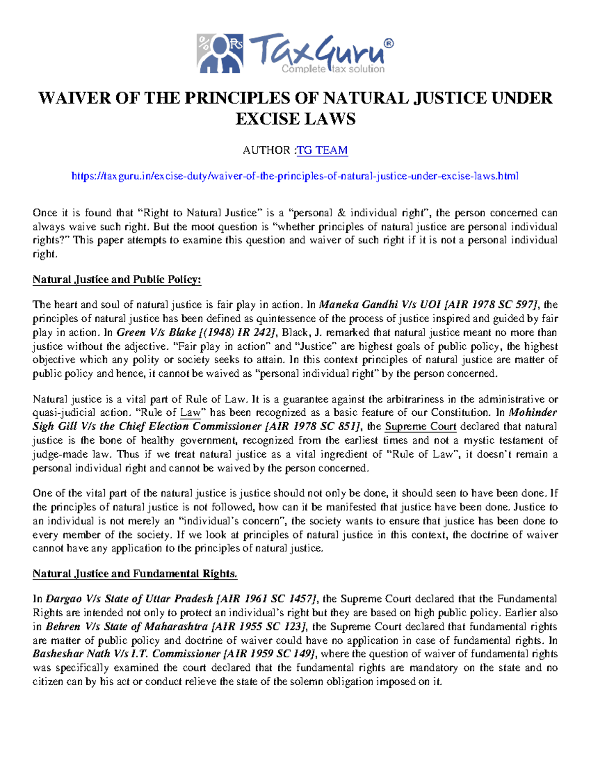 Waiver of Natural Justice Principles in Excise Laws - Legal Analysis ...