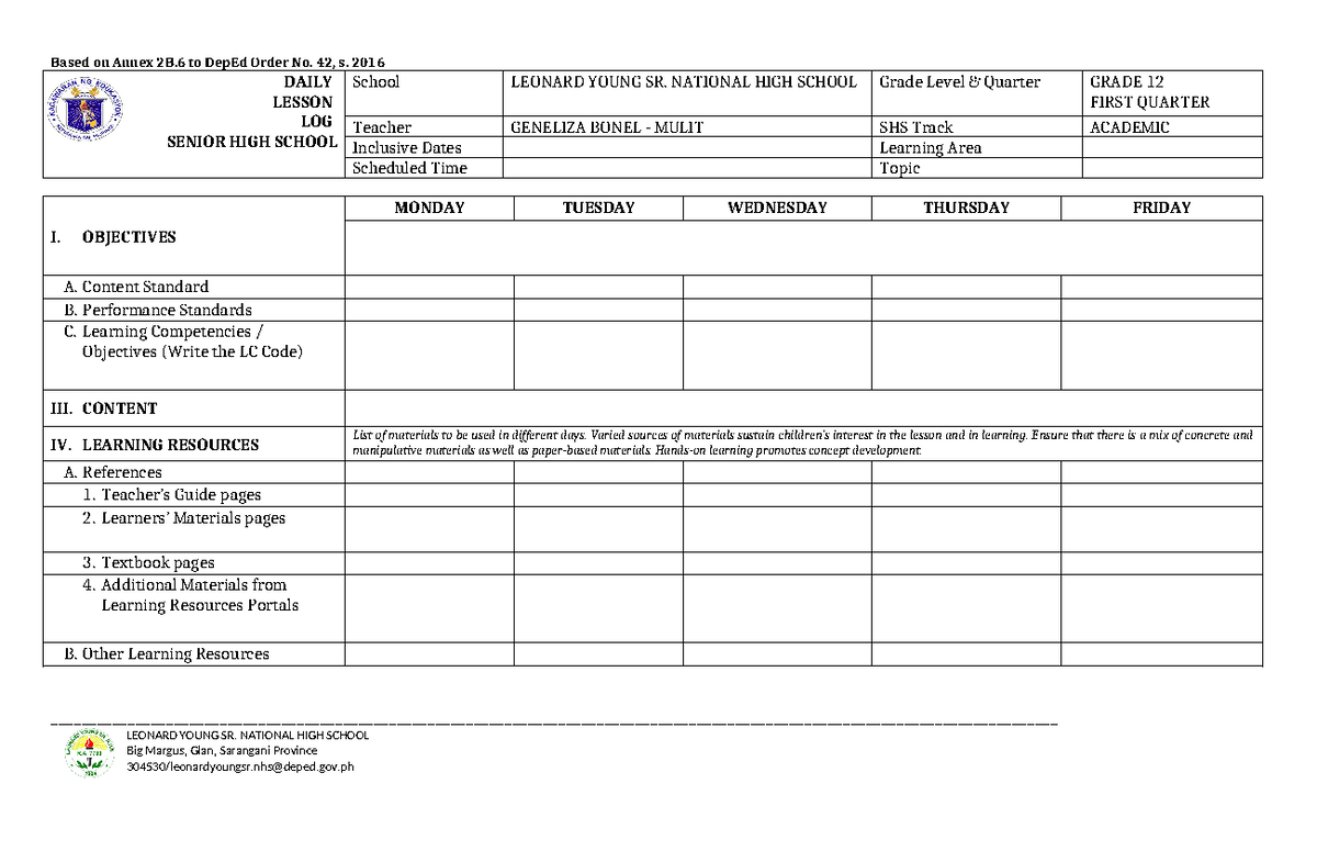 1 SHS Daily Lesson LOG DLL Template By - Based on Annex 2B to DepEd Order No. 42, s. 2016 DAILY ...