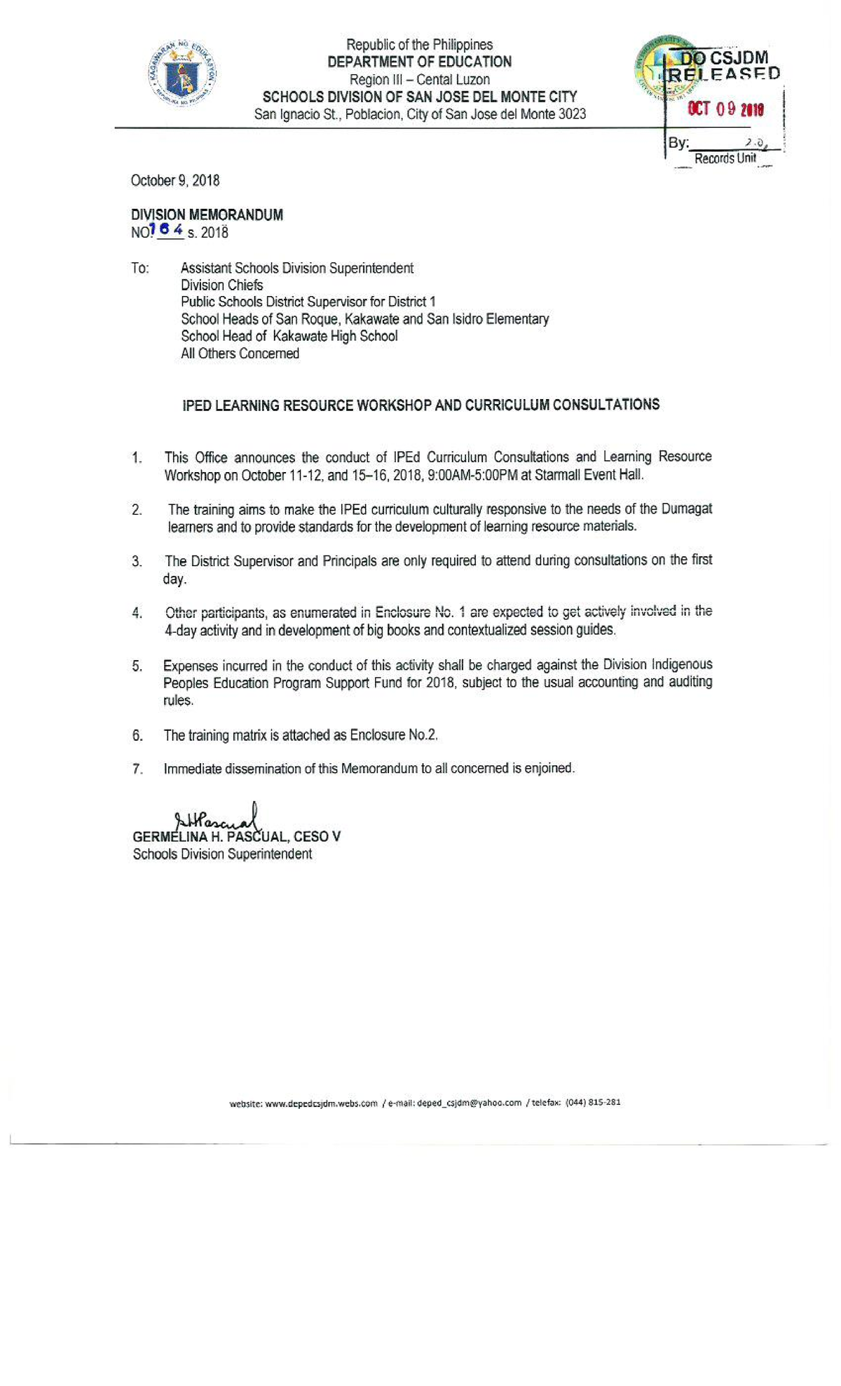 Division Memo 64 S. 2018: IPED Learning Resource Workshop & Curriculum ...