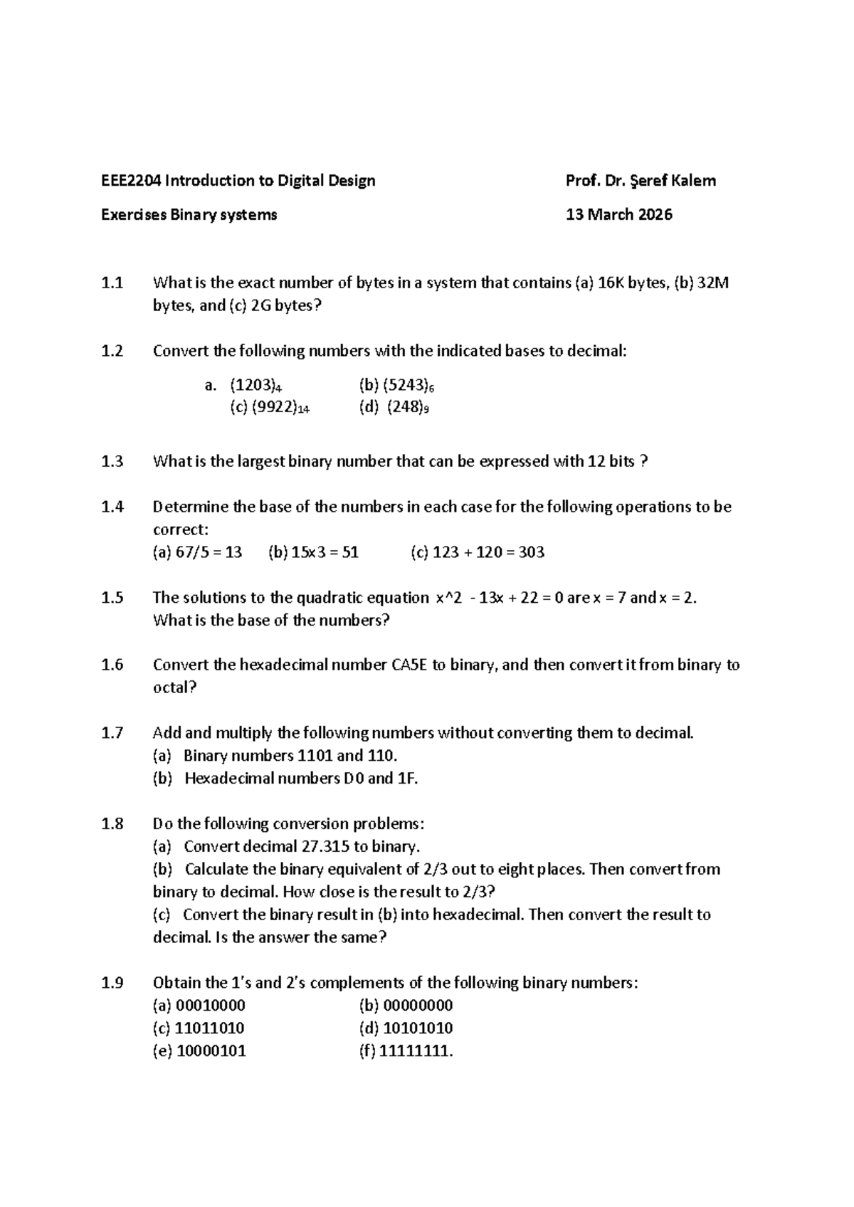 Exercises 01: Binary Systems for Digital Design (DIG101) - Studocu