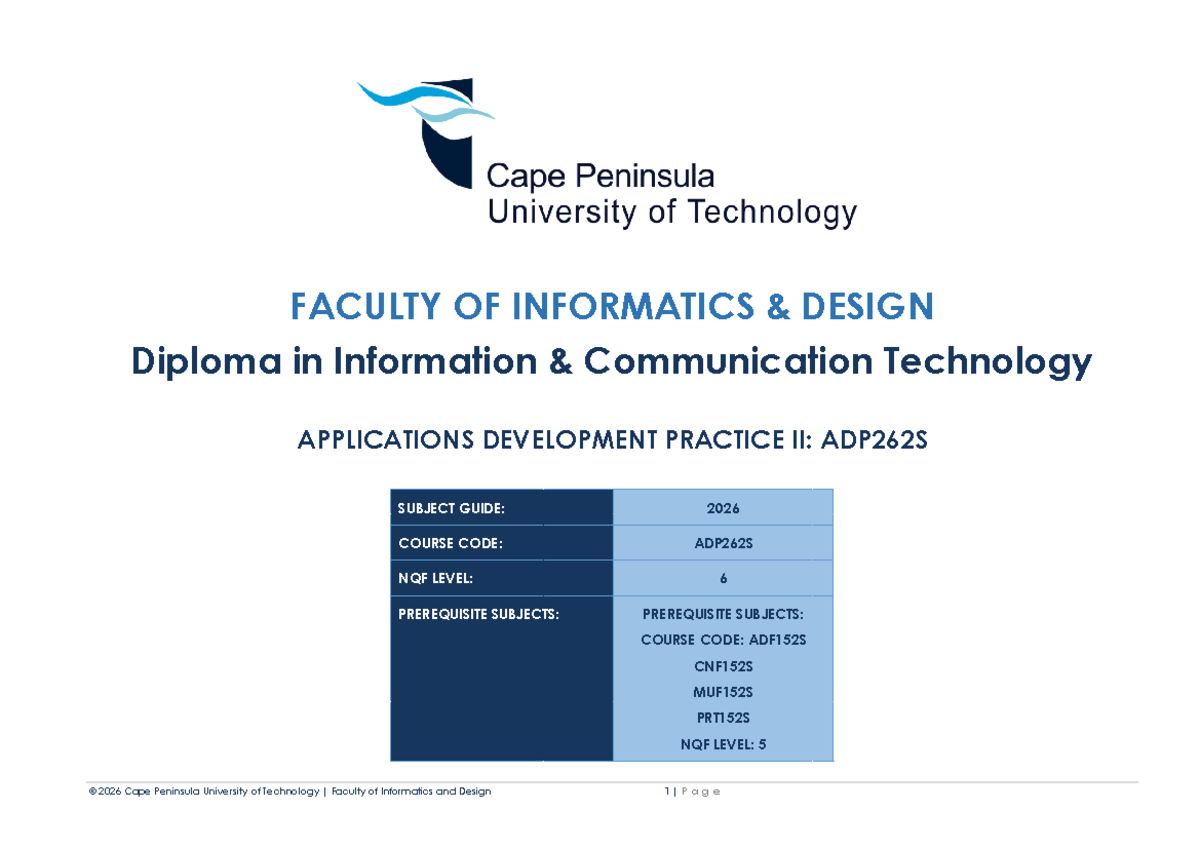 ADP262S Applications Development Practice II Subject Guide - Studocu