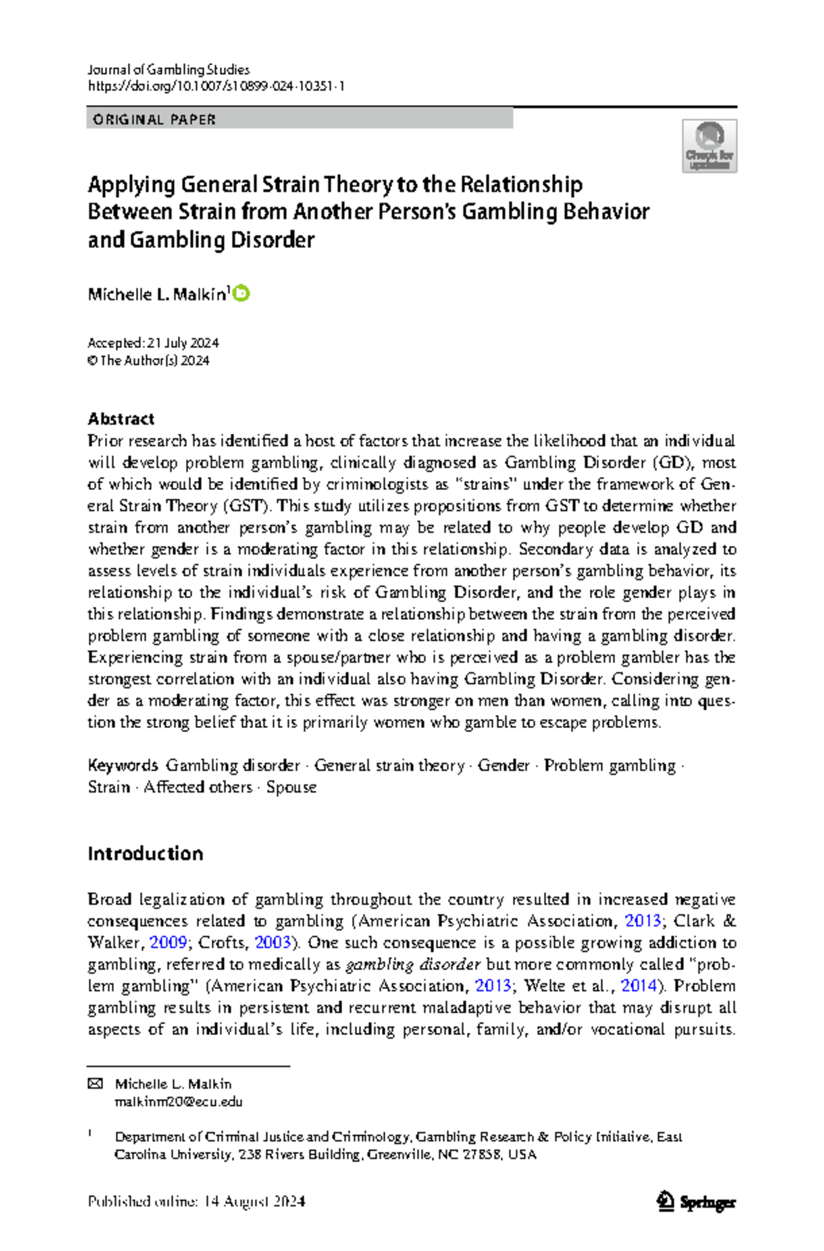 Applying General Strain Theory (GST) to Gambling Disorder and Gender ...