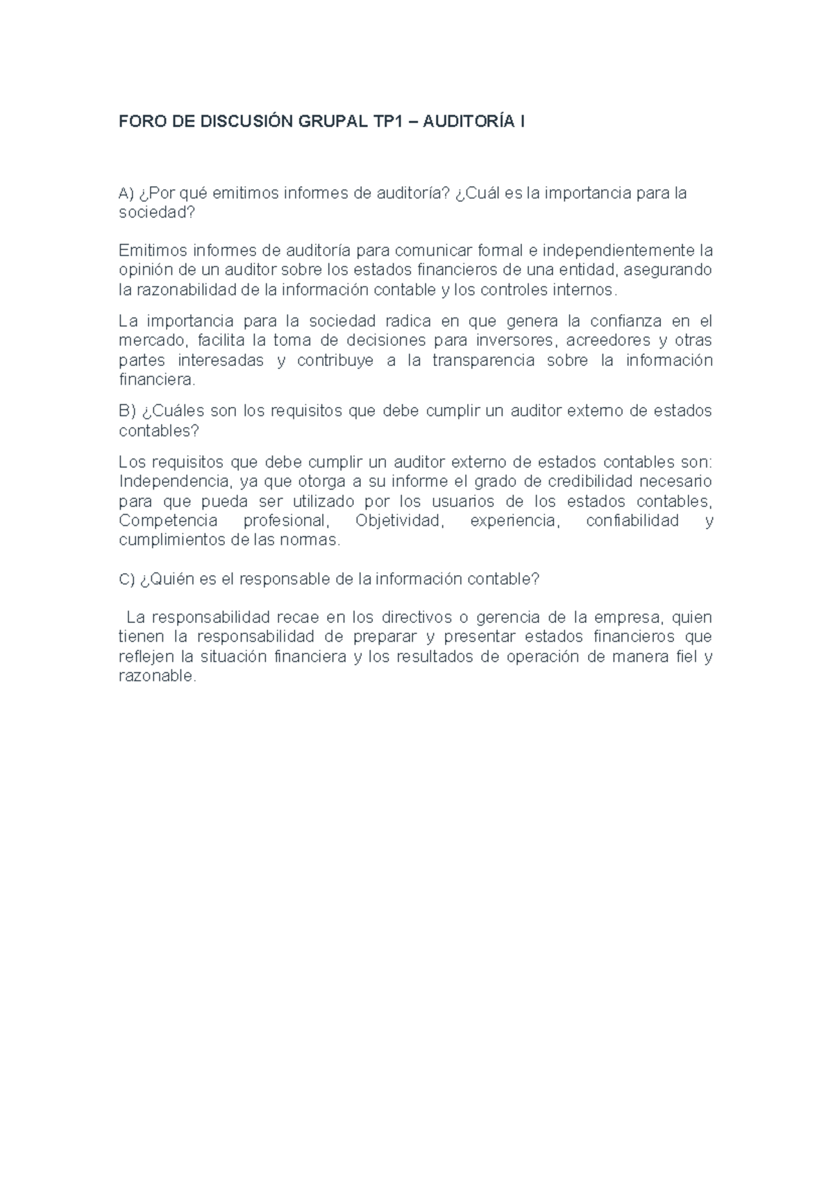 Foro de Discusión Grupal TP1: Importancia y Requisitos de Auditoría ...
