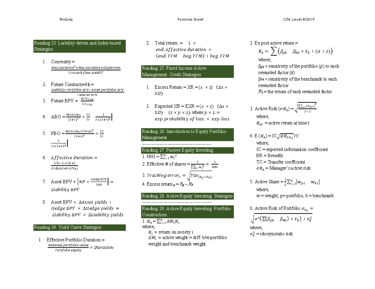 CFA L3 Formula Sheet - Reading 23: Liability-driven and Index-based ...