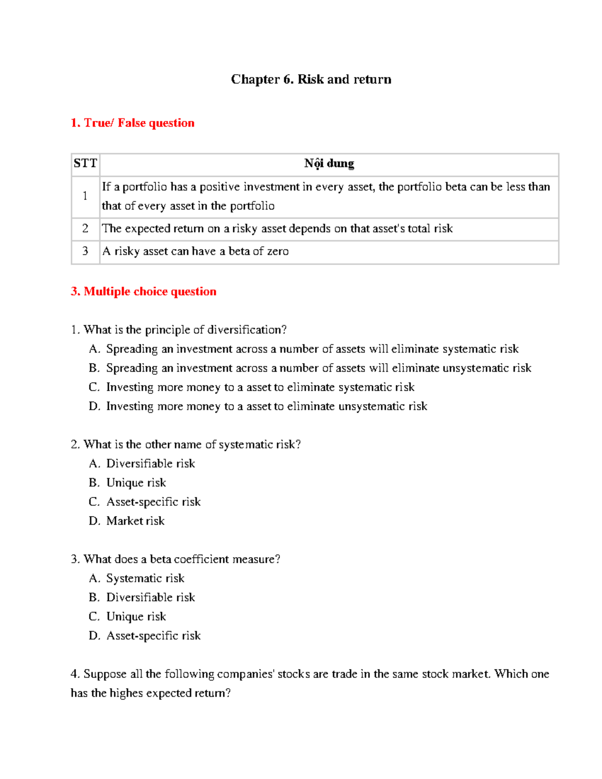 Chapter 6: Risk and Return - Quiz & Questions STT R - Studocu