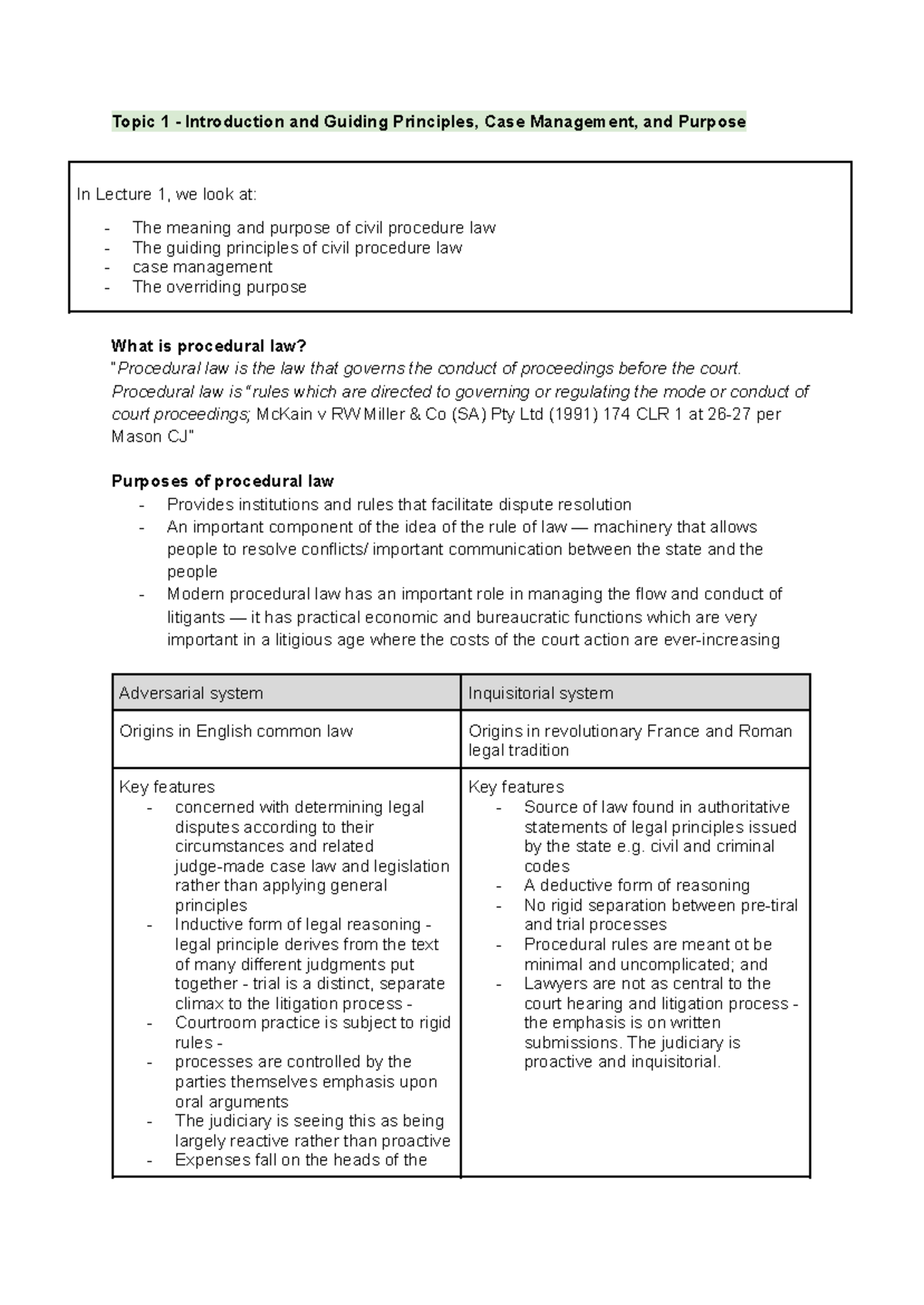 Civil Procedure Notes (LAW101): Introduction, Principles & Case ...