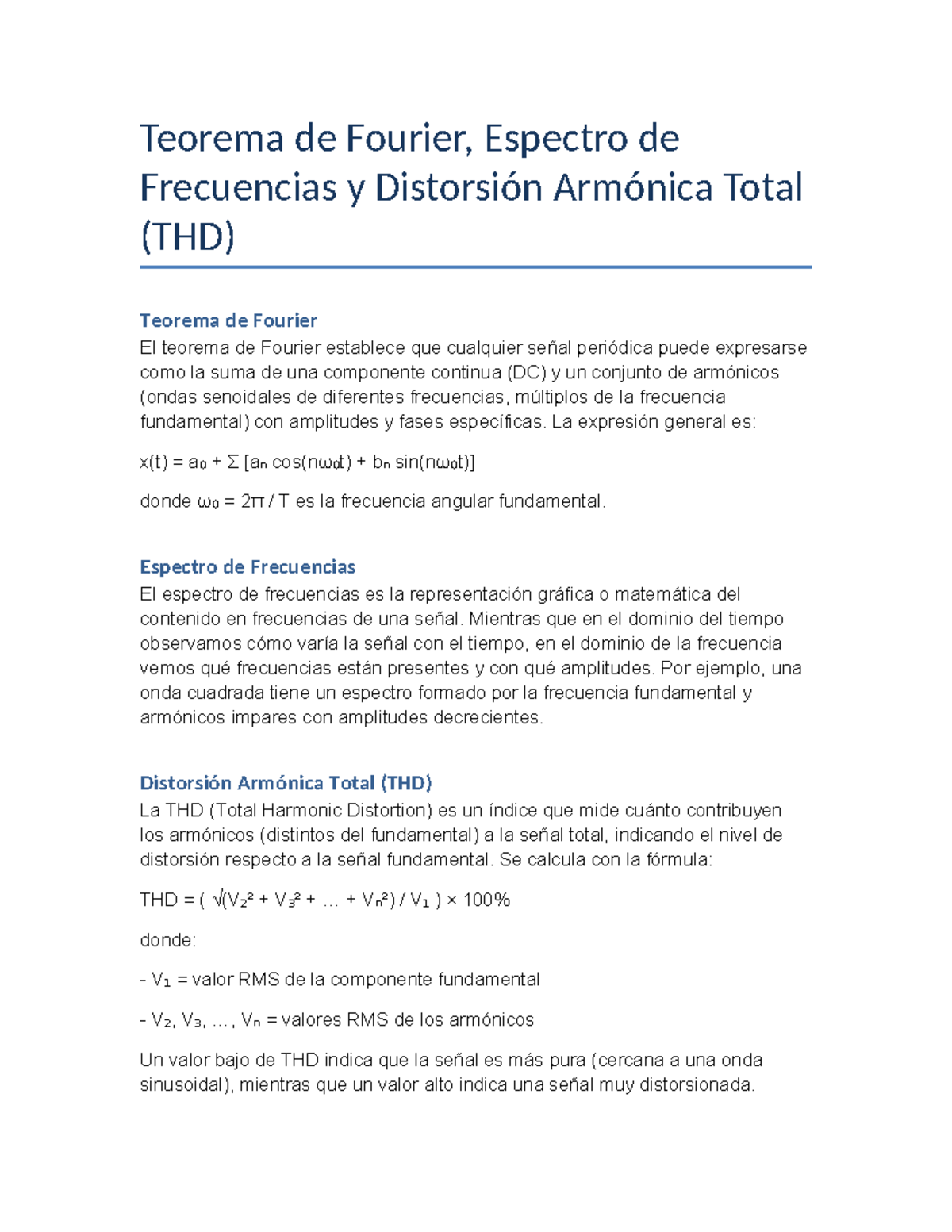 Teorema de Fourier y THD: Espectro de Frecuencias y Fórmulas - Studocu