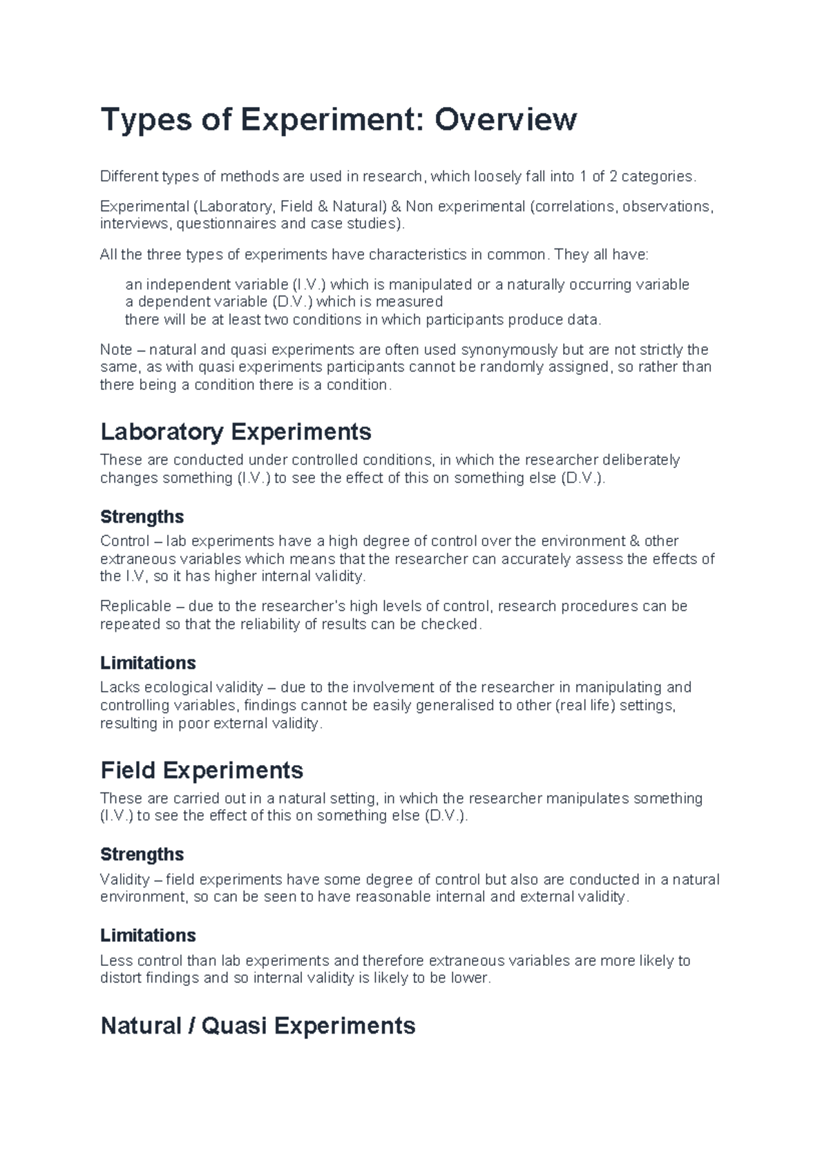 Types of Experiments: Overview of Methods and Characteristics - Studocu