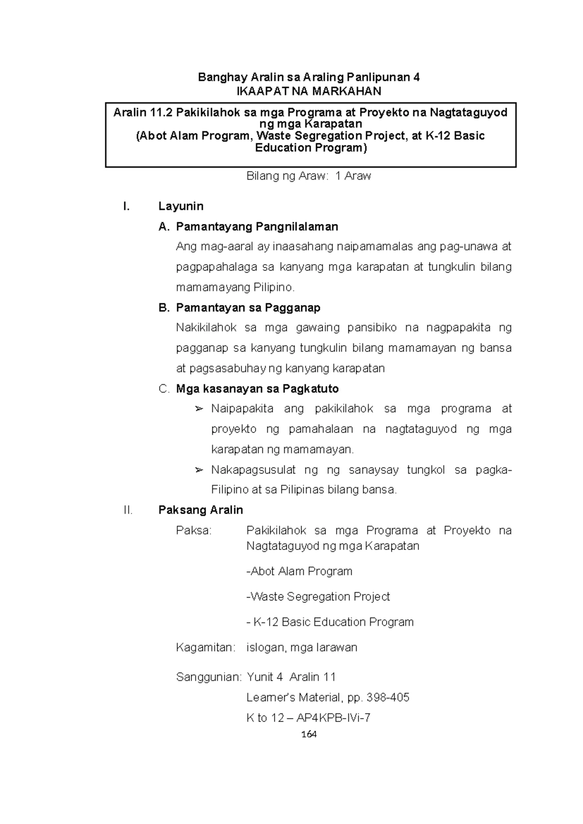 AP LP Aralin 2 - AP6 - Banghay Aralin sa Araling Panlipunan 4 IKAAPAT NA MARKAHAN Bilang ng Araw ...