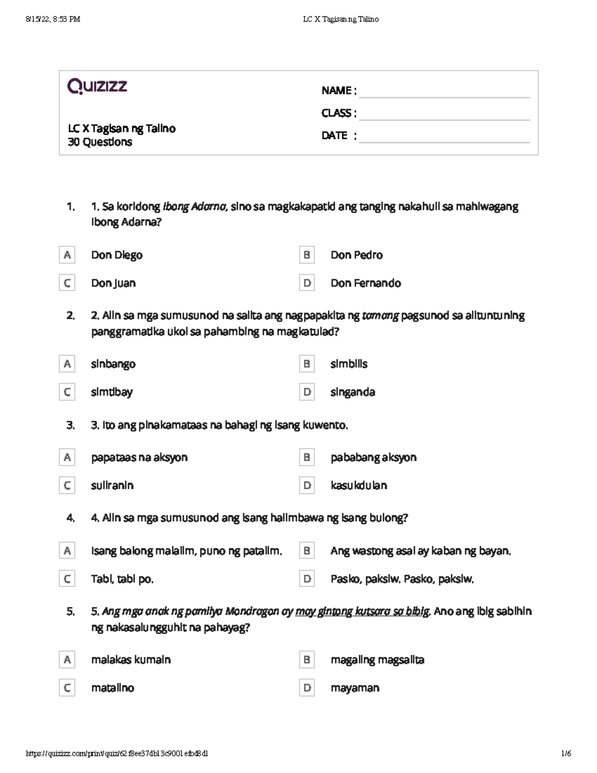 LC X Tagisan ng Talino - Review Material for Filipino Quiz Bee 30 Qs ...