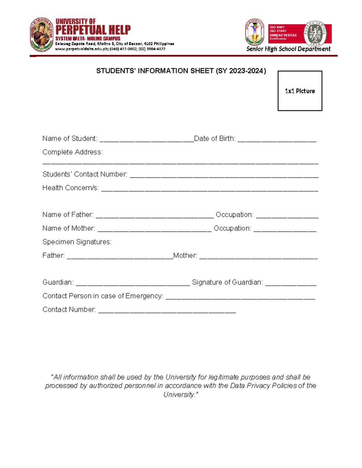 Students- Information- Sheet - 1x1 Picture Senior High School ...
