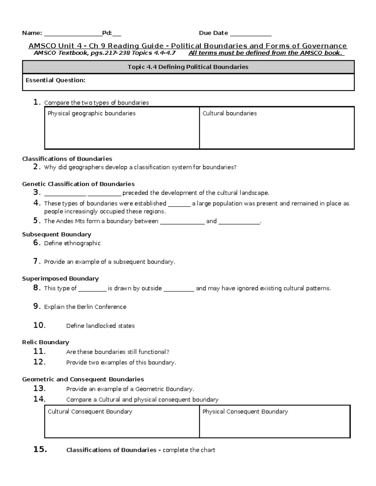 AMSCO Unit 4 - Ch 9 Reading Guide: Political Boundaries & Governance ...