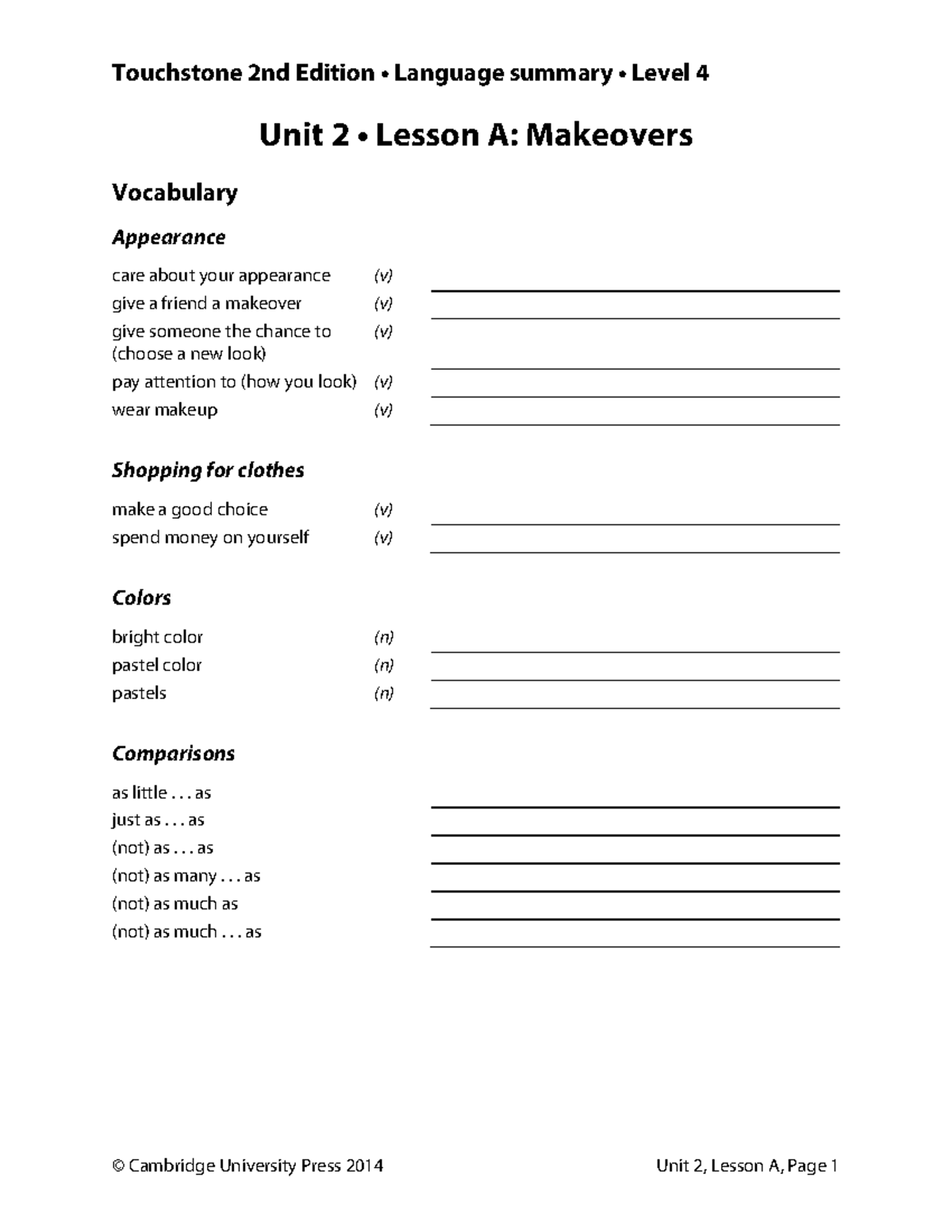 Unit 2 . Lesson A- Makeovers - Touchstone 2nd Edition • Language ...