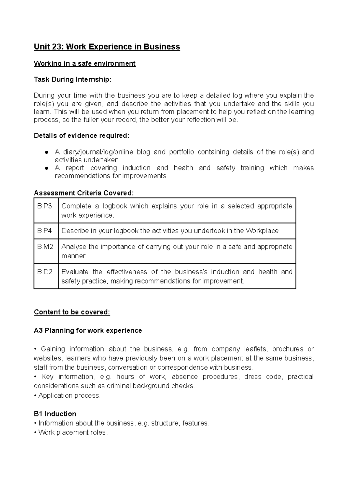 Unit 23: Internship Logbook for Safe Work Experience in Business - Studocu