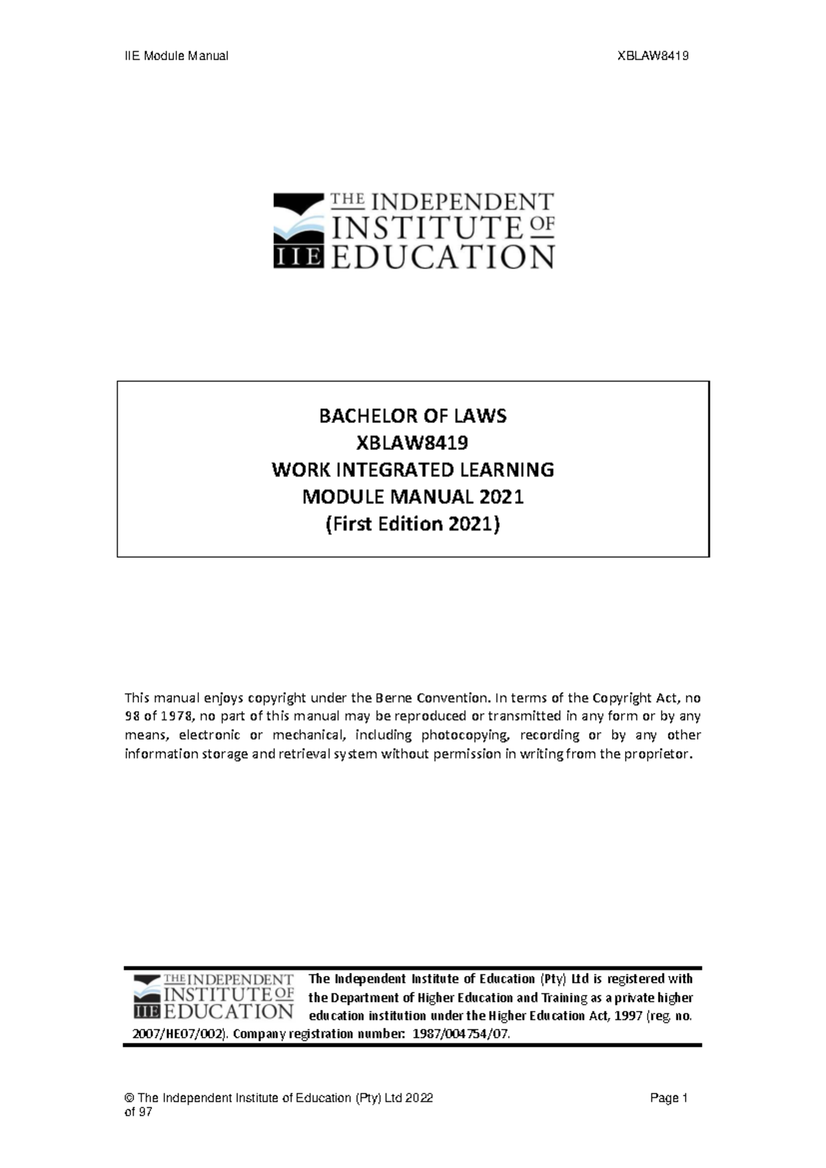 XBLAW 8419 Work-Integrated Learning Module Manual 2021 - Studocu