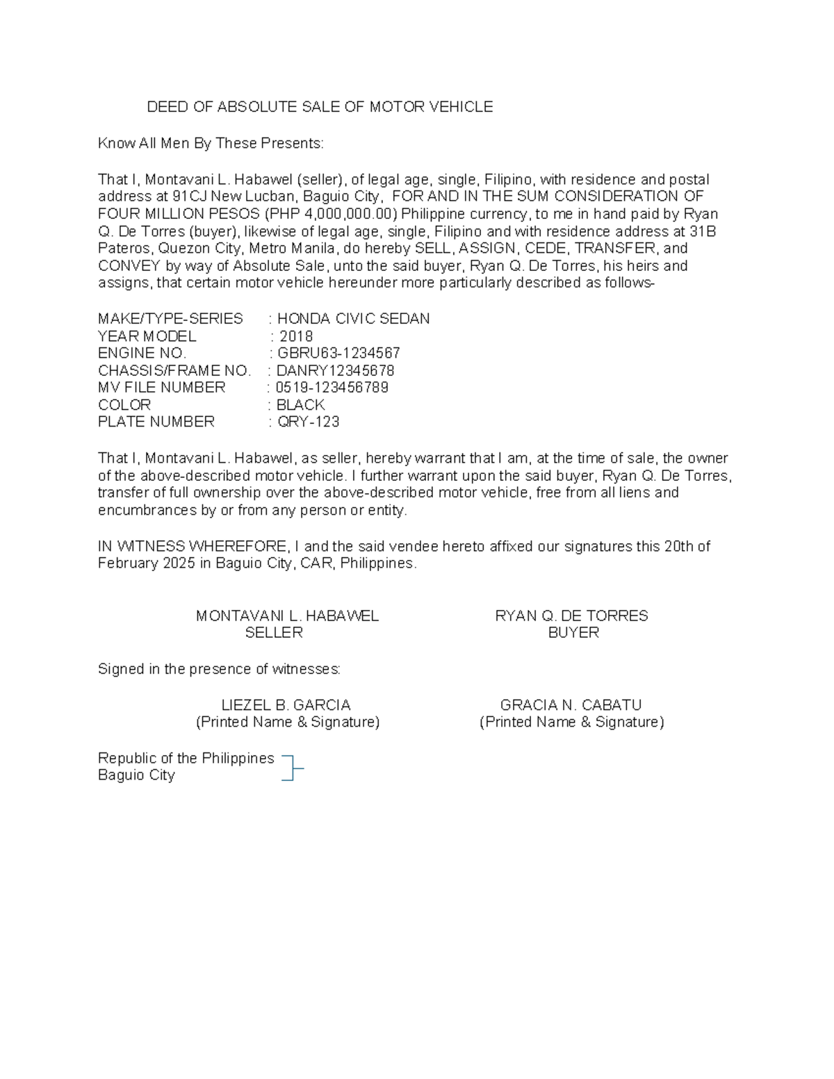 Deed of absolute sale of motor vehicle example document - Studocu