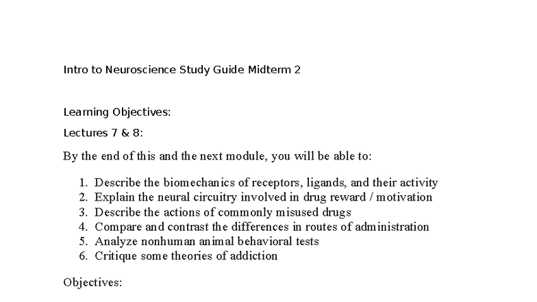 Midterm 2 objectives - Intro to Neuroscience Study Guide Midterm 2 ...