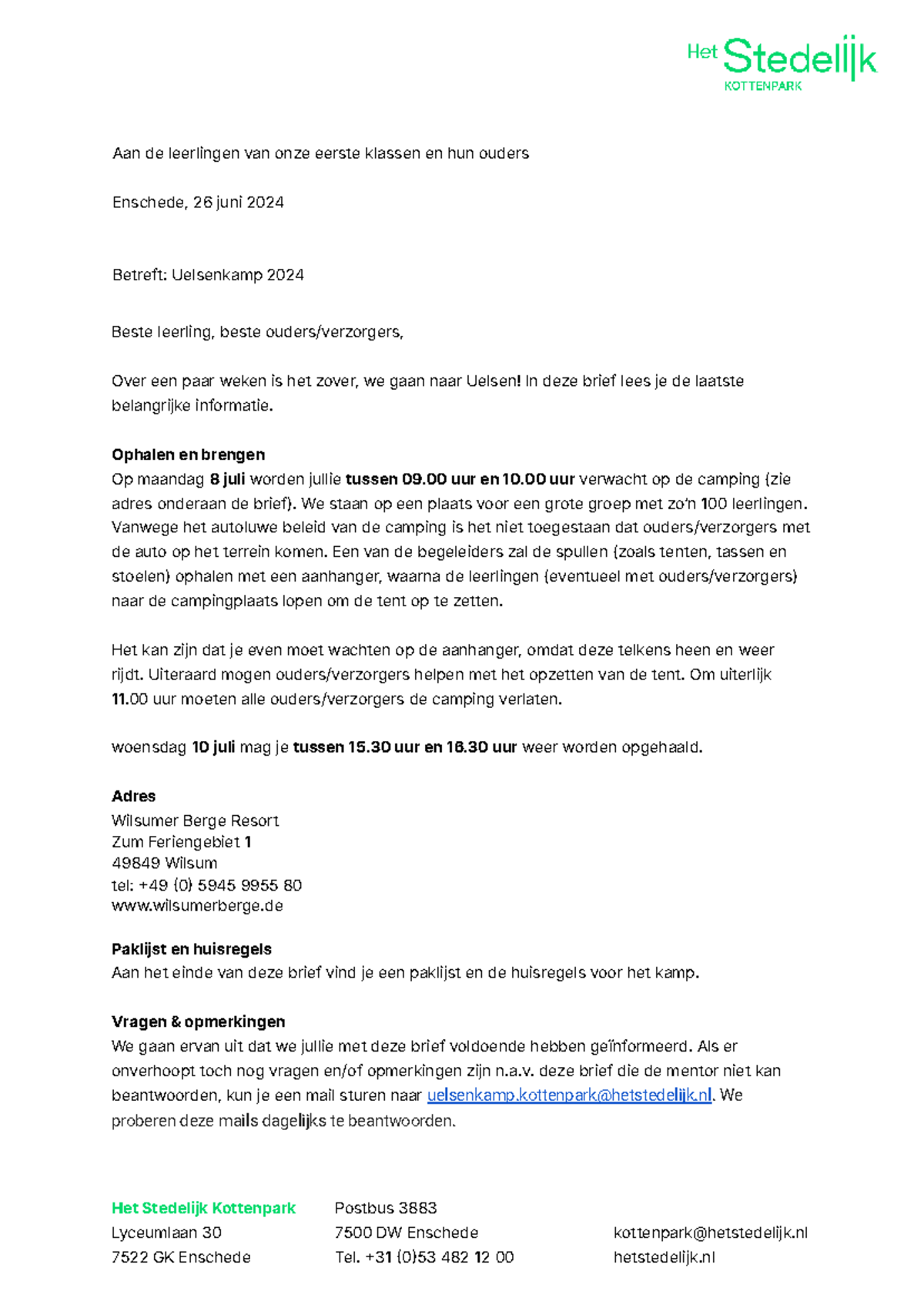 Brief voor Leerlingen en Ouders: Uelsenkamp 2024 Informatie - Studeersnel