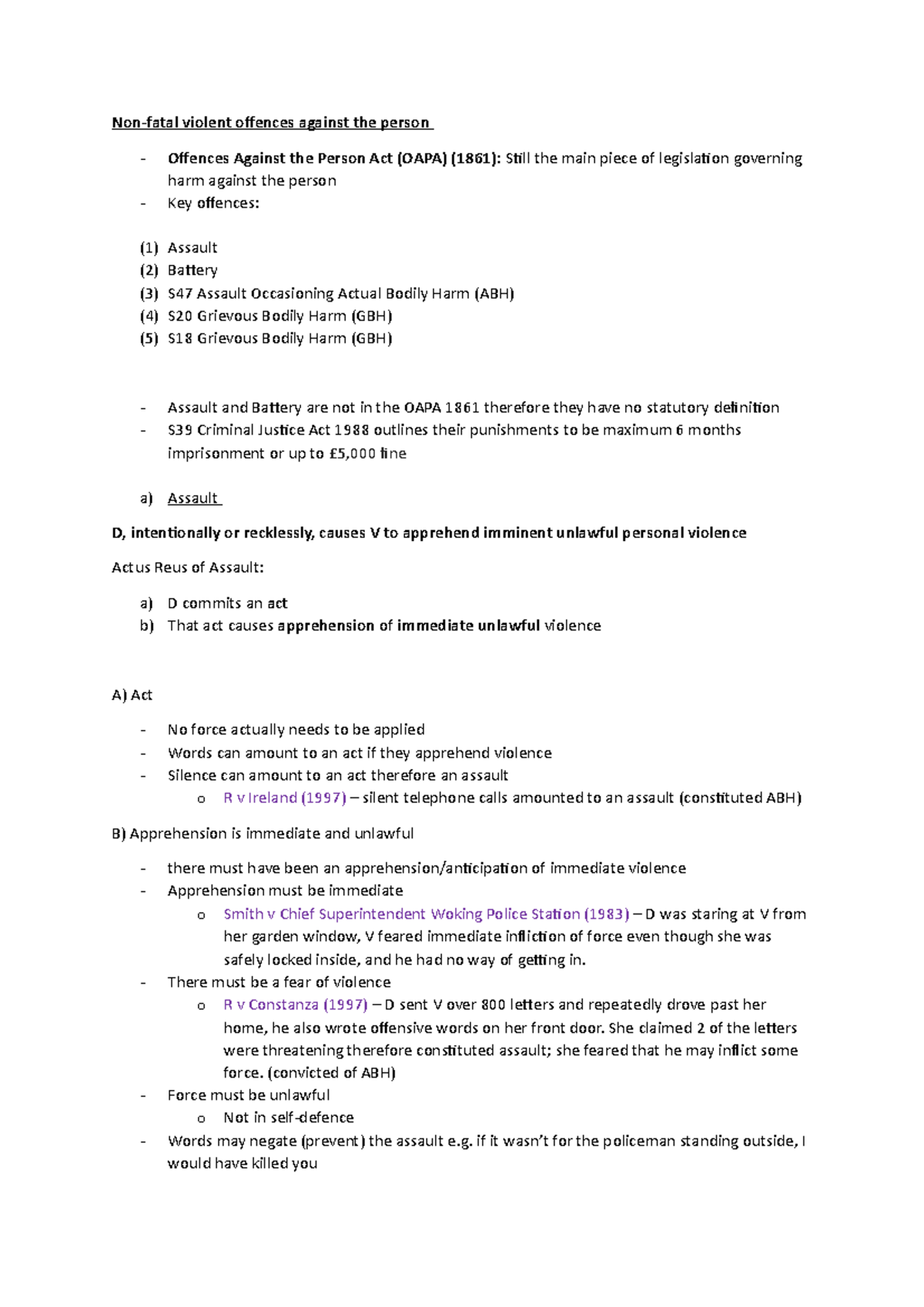 Non-Fatal Offences Revision Notes (OAPA 1861) - Studocu