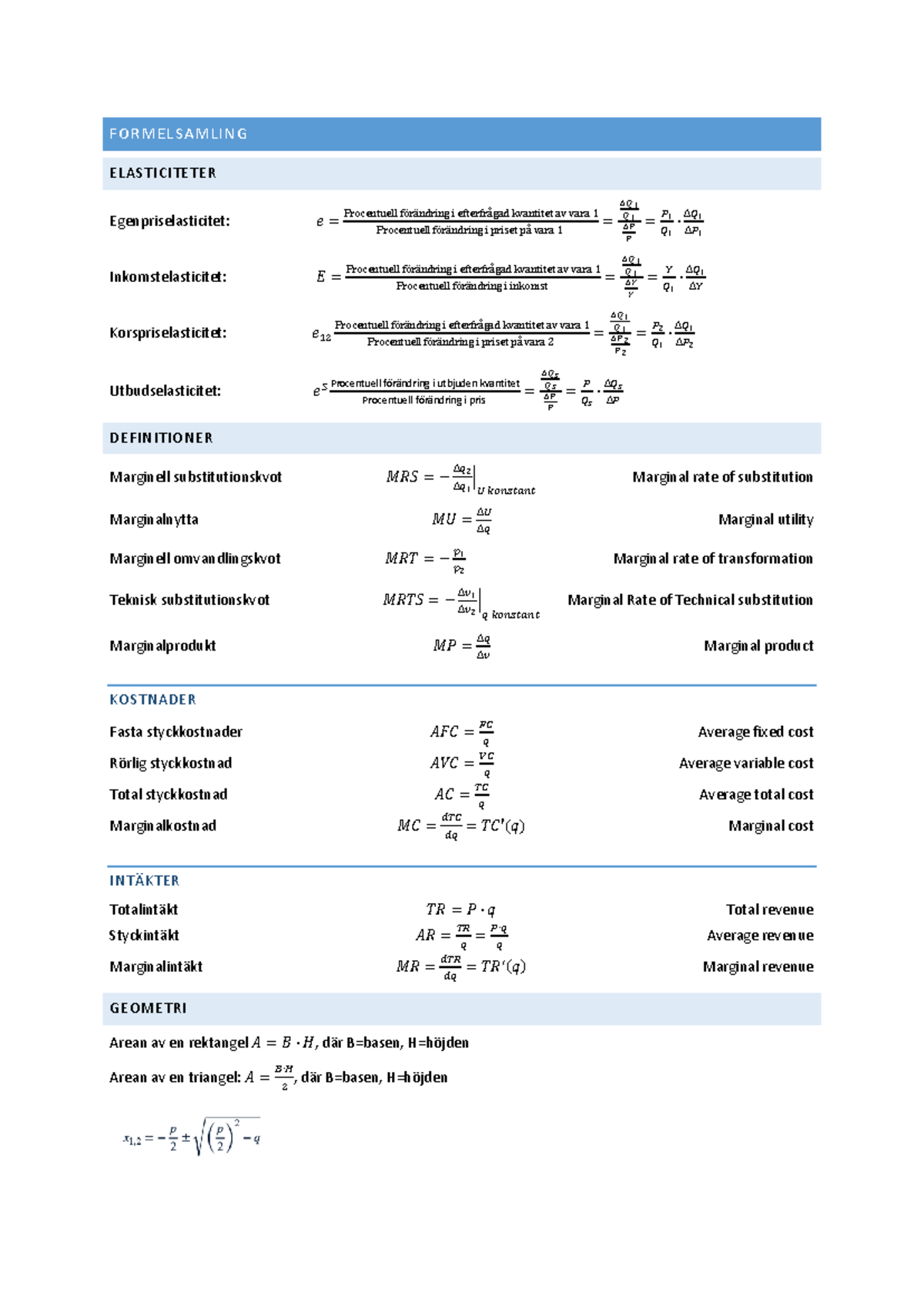 Formelsamling VT25 - formel - FORMELSAMLING ELASTICITETER ...