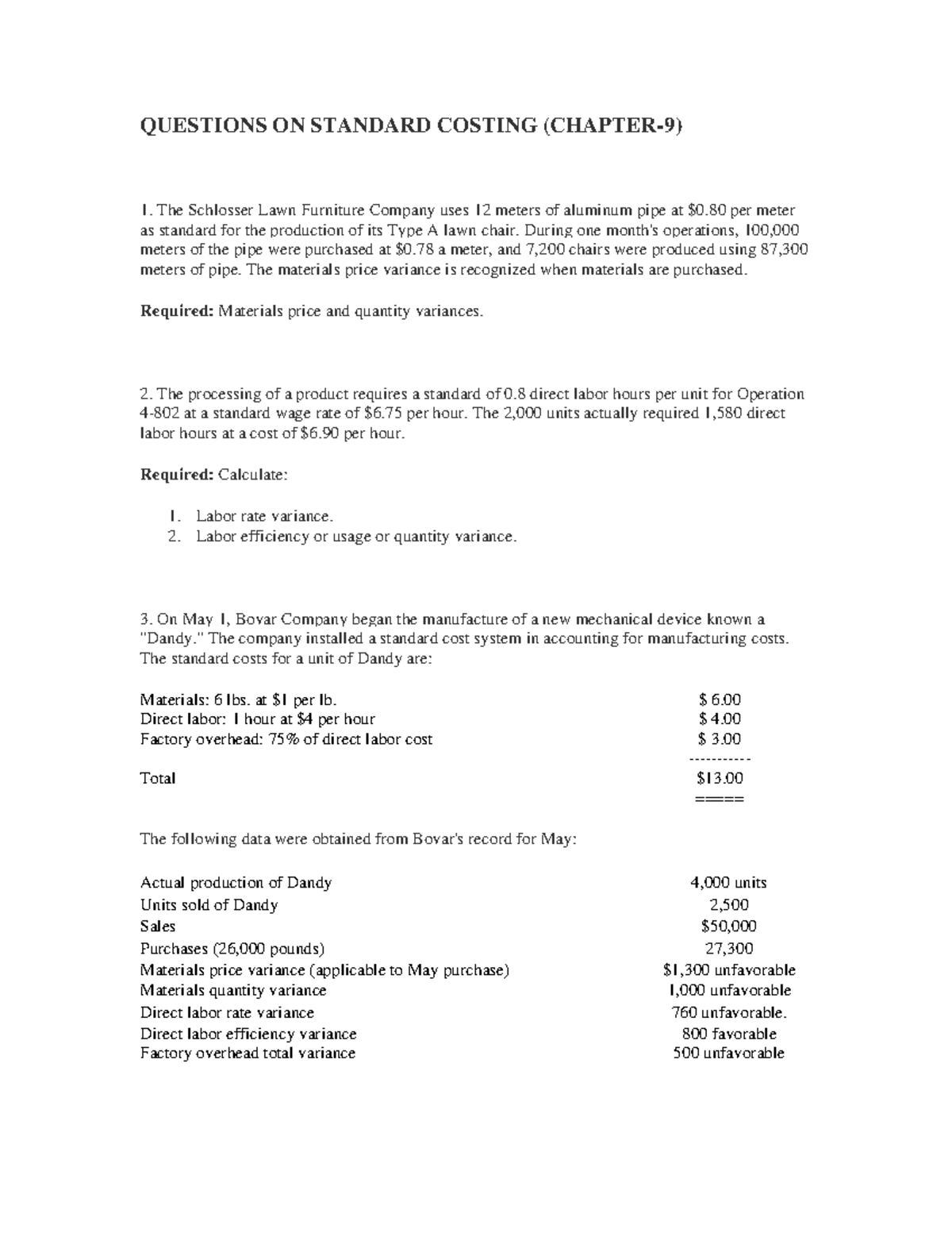 Questions on Standard Costing - Chapter 9 - CCCCCCC - Studocu