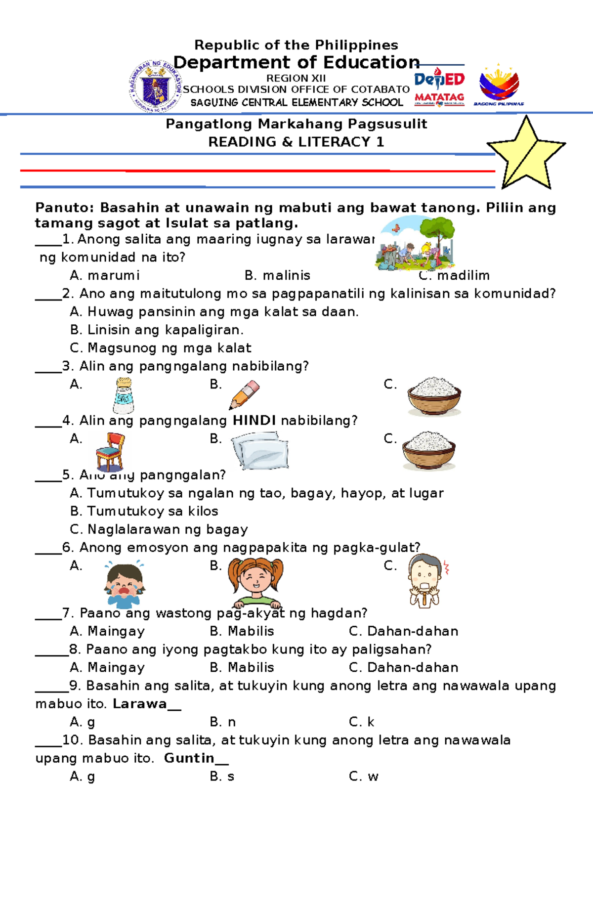 Q3- Reading & Literacy 1-PT-KEY Answers for Grade 1 Assessment - Studocu