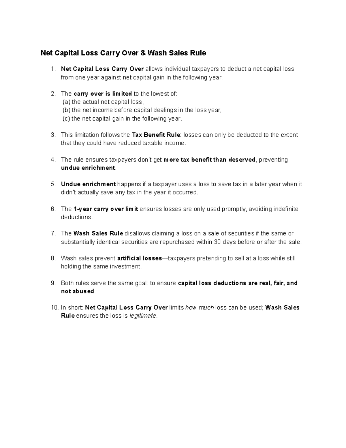Net Capital Loss Carry Over & Wash Sales Rule Explained - Studocu