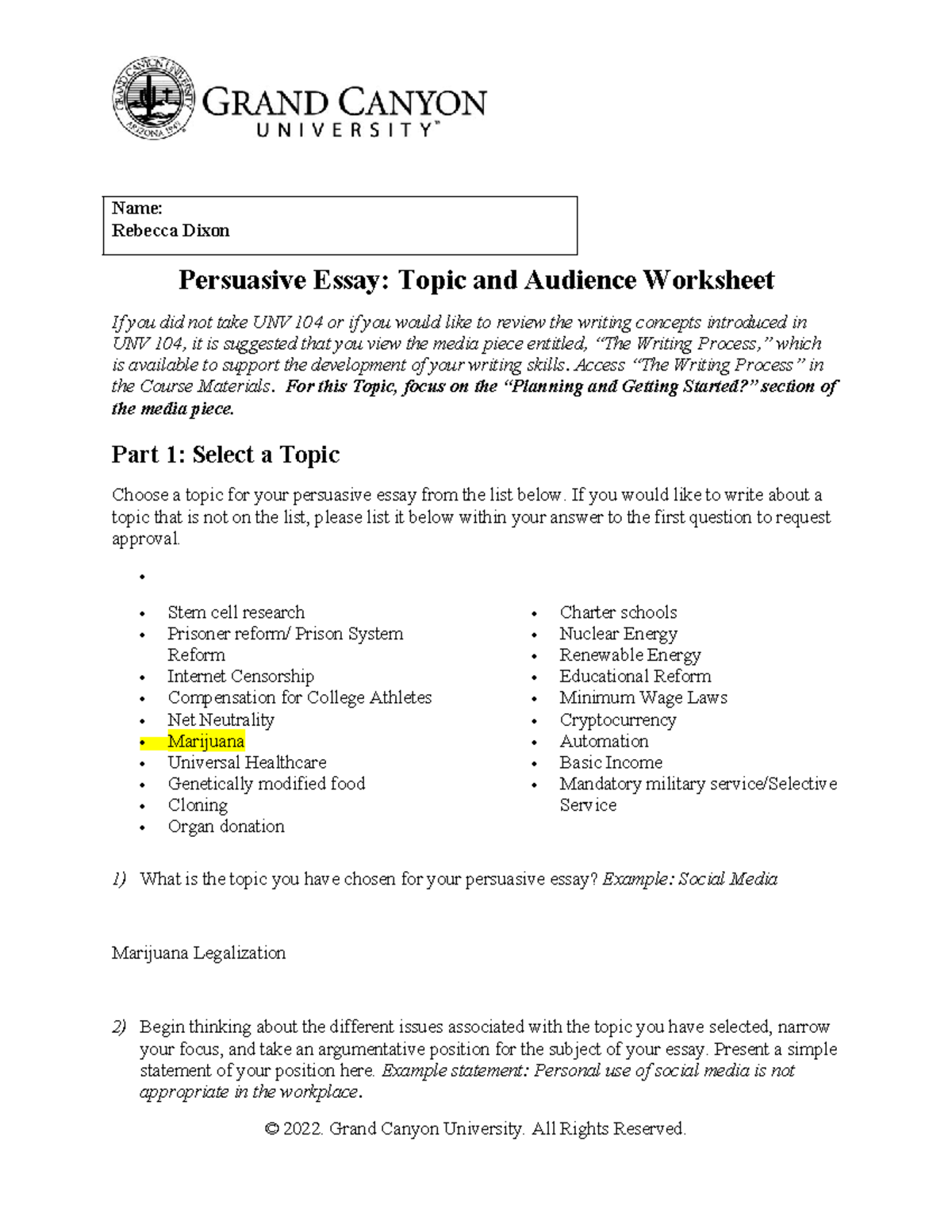 PHI 105 Persuasive Essay: Topic & Audience Worksheet - Studocu