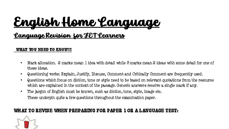 Updated Language Revision for English Home Language FET Learners - Studocu