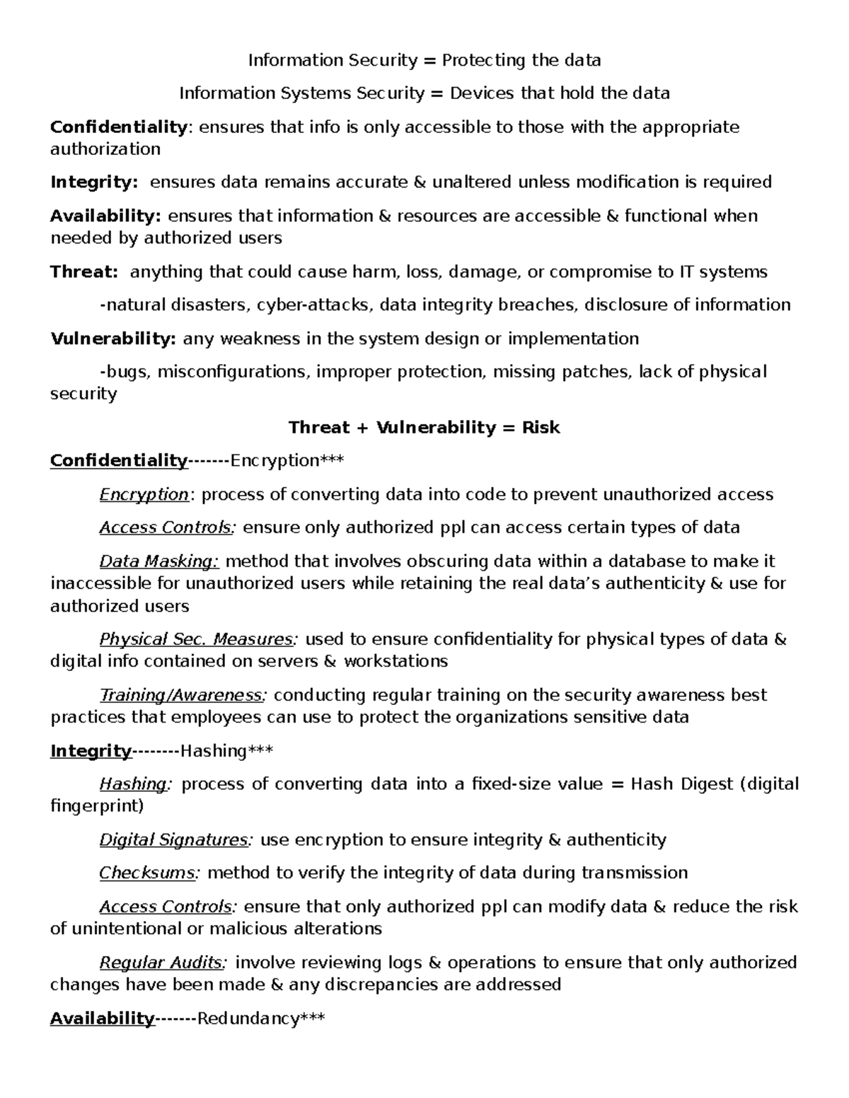 COMPTIA Security+ Notes - Information Security = Protecting the data ...