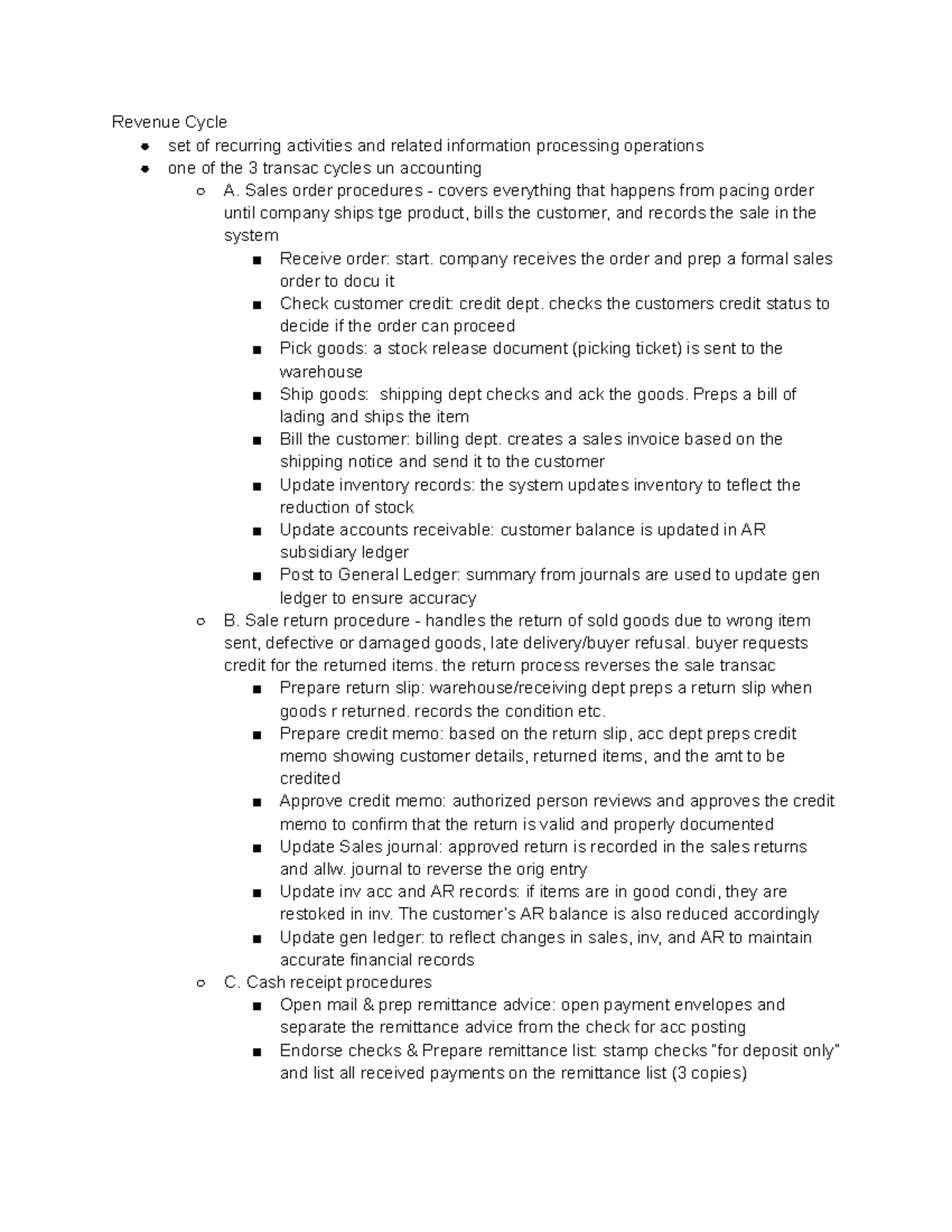 AIS Revenue Cycle: Sales, Returns, and Cash Receipt Procedures - Studocu