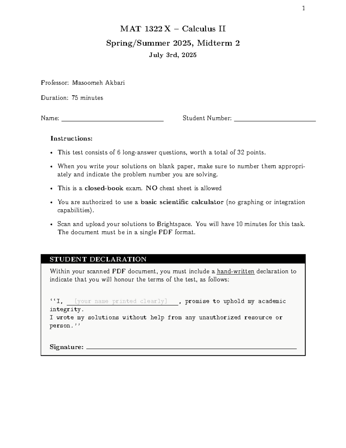 1 MAT 1322 X Calculus II 2025, Midterm 2 Exam Instructions - Studocu