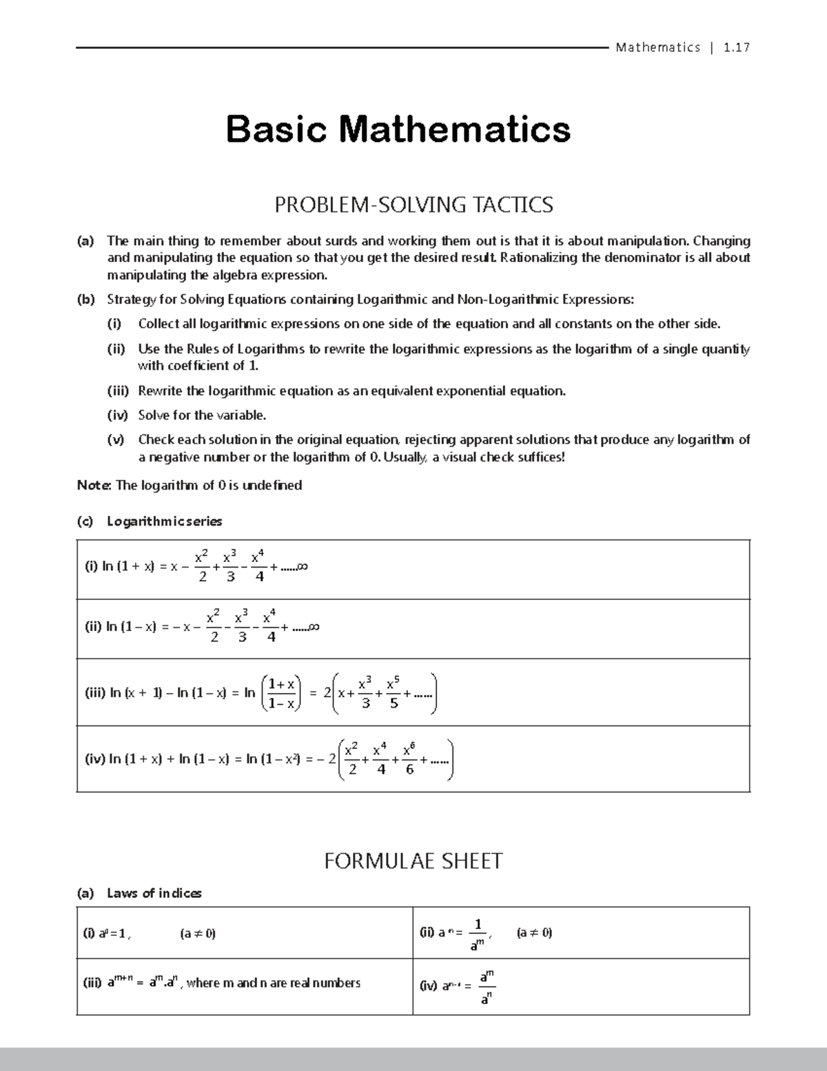 Maths 1.17 Basic Mathematics Formulae Sheet for Surds & Logarithms ...
