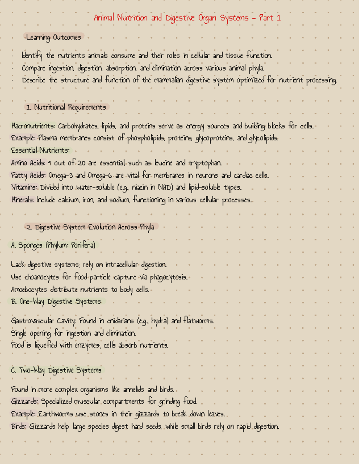 Lesson 2 - Notes - Animal Nutrition and Digestive Organ Systems - Part ...
