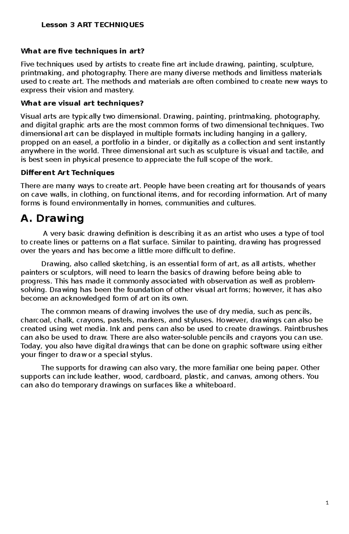 Lesson 3: Exploring Key ART Techniques in Fine Arts - Studocu