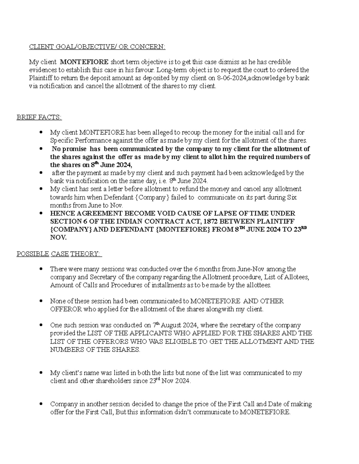 Llb case brief - CLIENT GOAL/OBJECTIVE/ OR CONCERN: My client ...