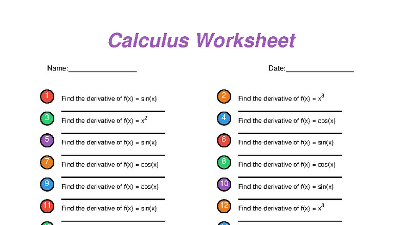 Calculus Worksheet 1: Derivatives of f(x) Functions - Studocu